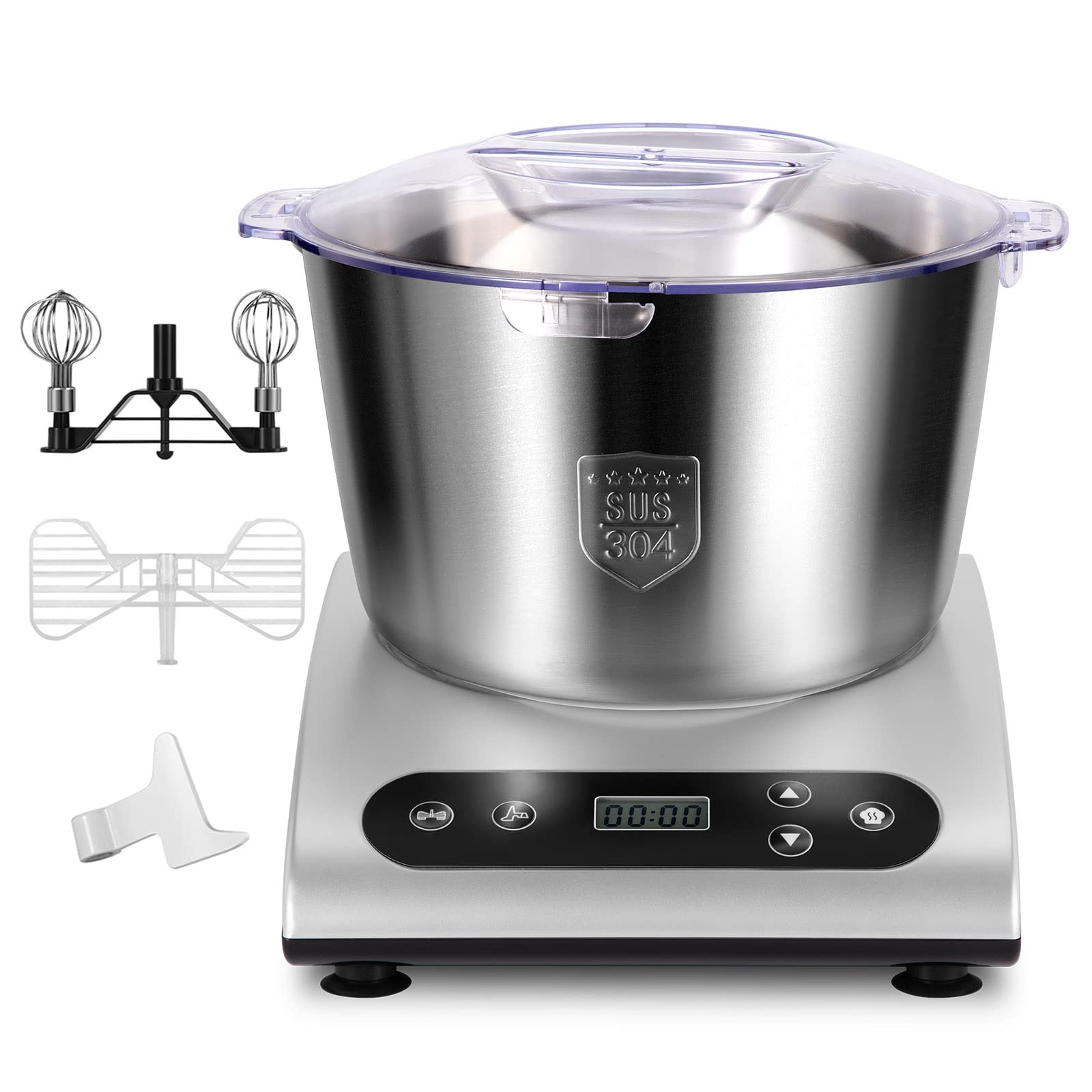 Mixer Kitchen Electric Stand Mixers LCD Display 6QT Bowl And Heating & Fermentation Function With Dough Hock,Cream Sticker,Egg Whick(Silver)