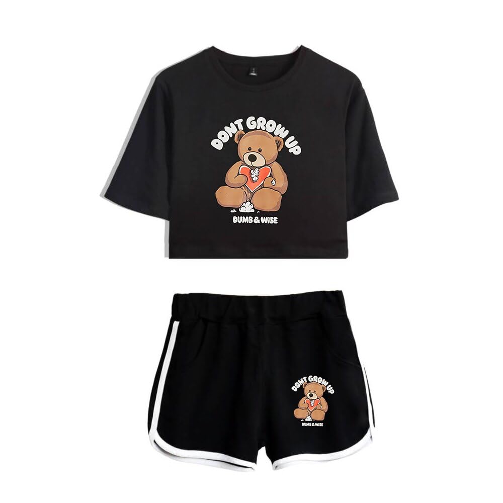 MARLLEGEBEE Fashion Merch Navel Tee Two Piece Set Short Sleeve Crop Top+Shorts Women's Sets (XP-02,M)