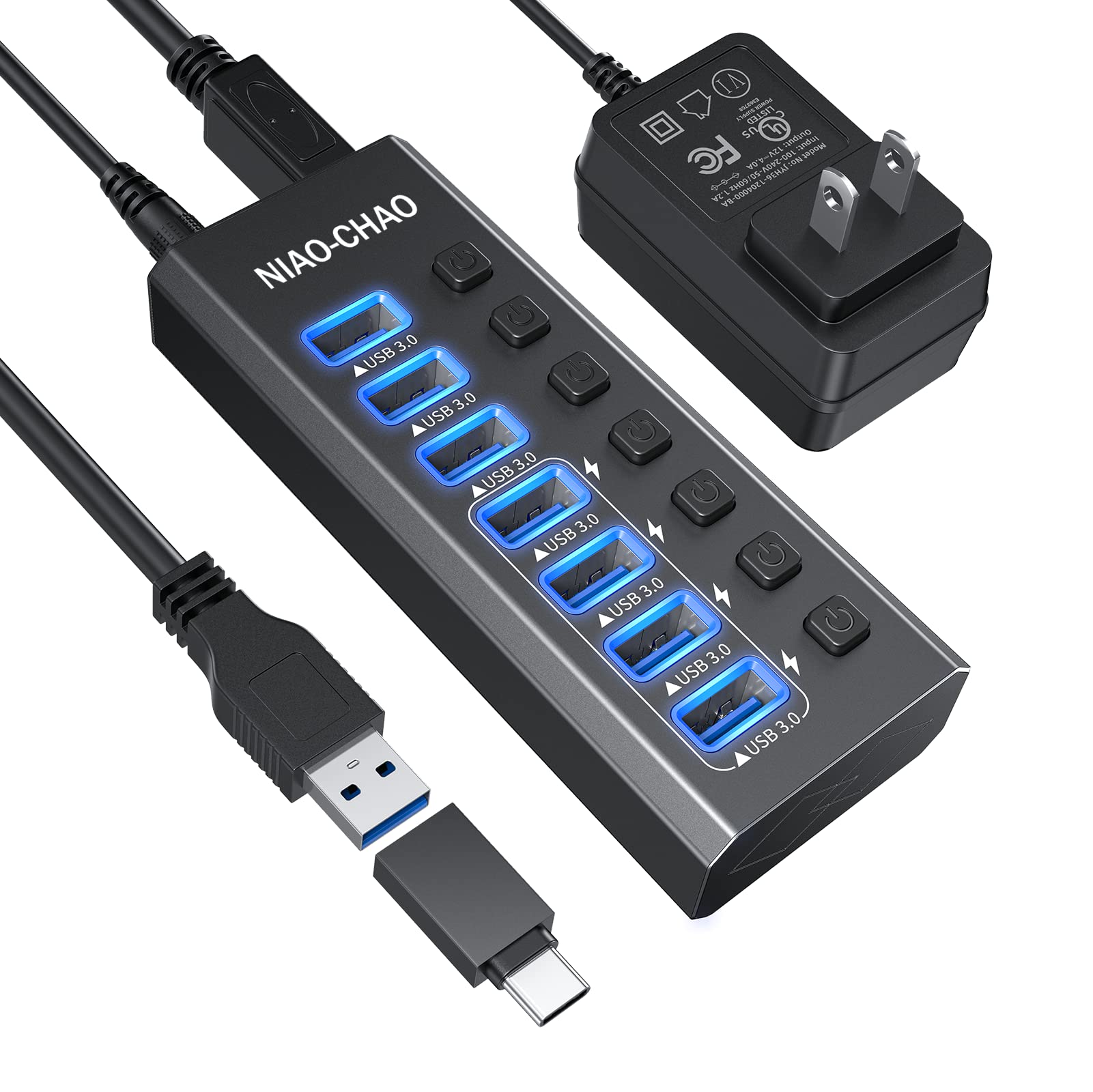 USB Hub 3.0 Powered, Leinsis 7-Port Powered USB C Hub with Individual Switches & 12V Power Adapter & 39'' Long Cable USB Expander Hub Splitter for MacBook Air Pro,Mac Mini,iMac All Laptops Desktops