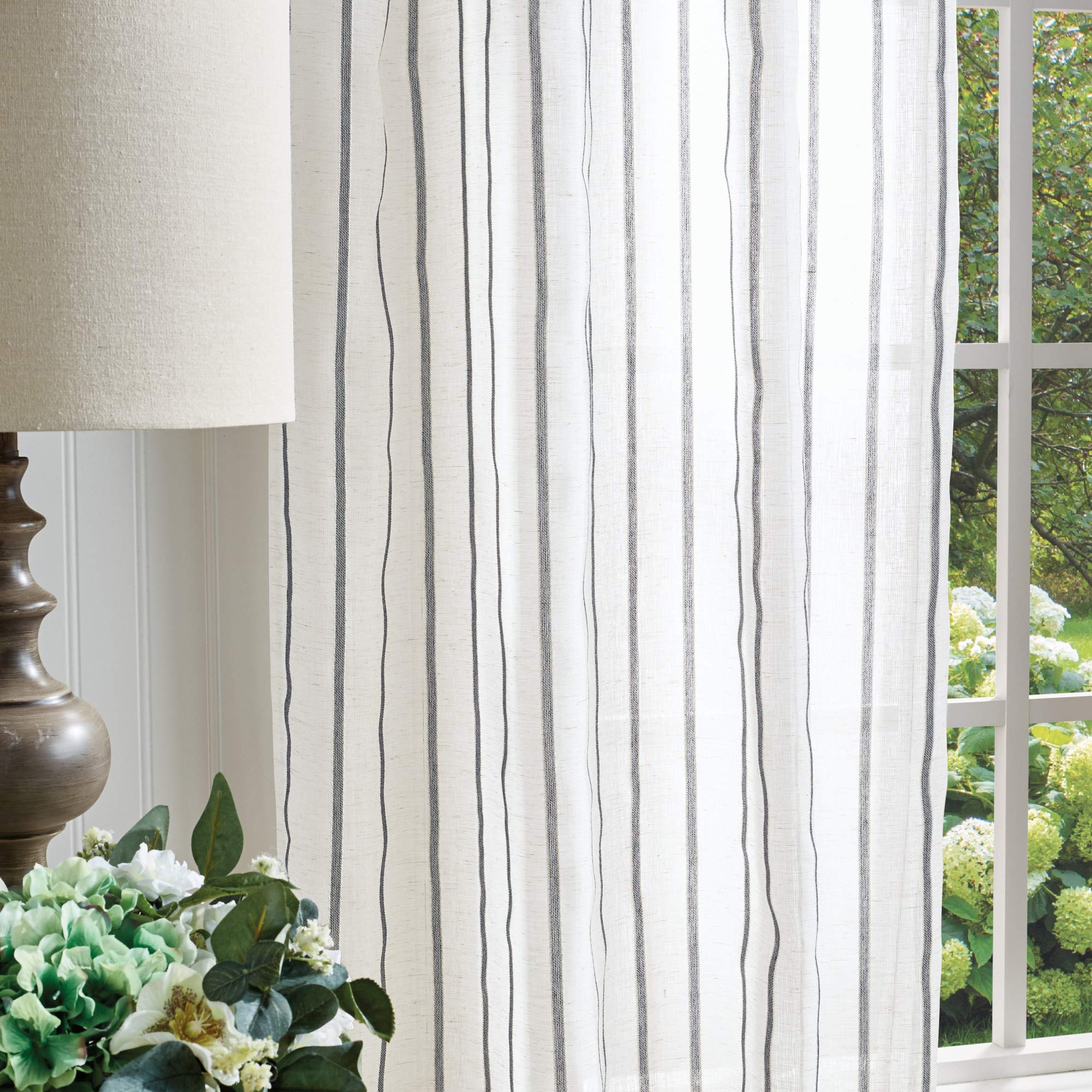 Martha Stewart Laguna Stripe Semi-Sheer Tie Tab Window Curtain Panel Pair, 84", Grey
