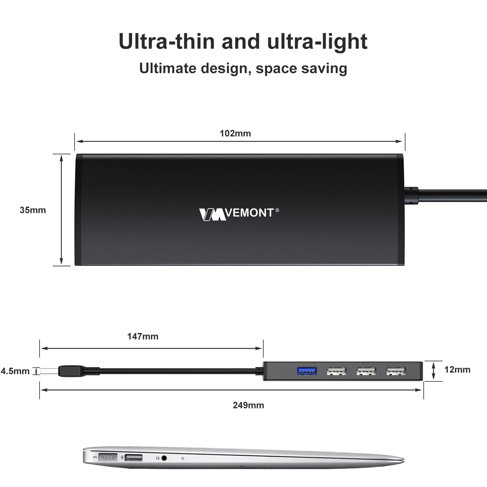 USB Hub,VEMONT 4-Port USB Data Hub with 3 Ports USB 2.0 HUB, 1port USB 3.0 HUB,Ultra Slim Portable High-Speed USB Splitter Applicable for PC Laptop, Desktop, Notebook, MacBook and More