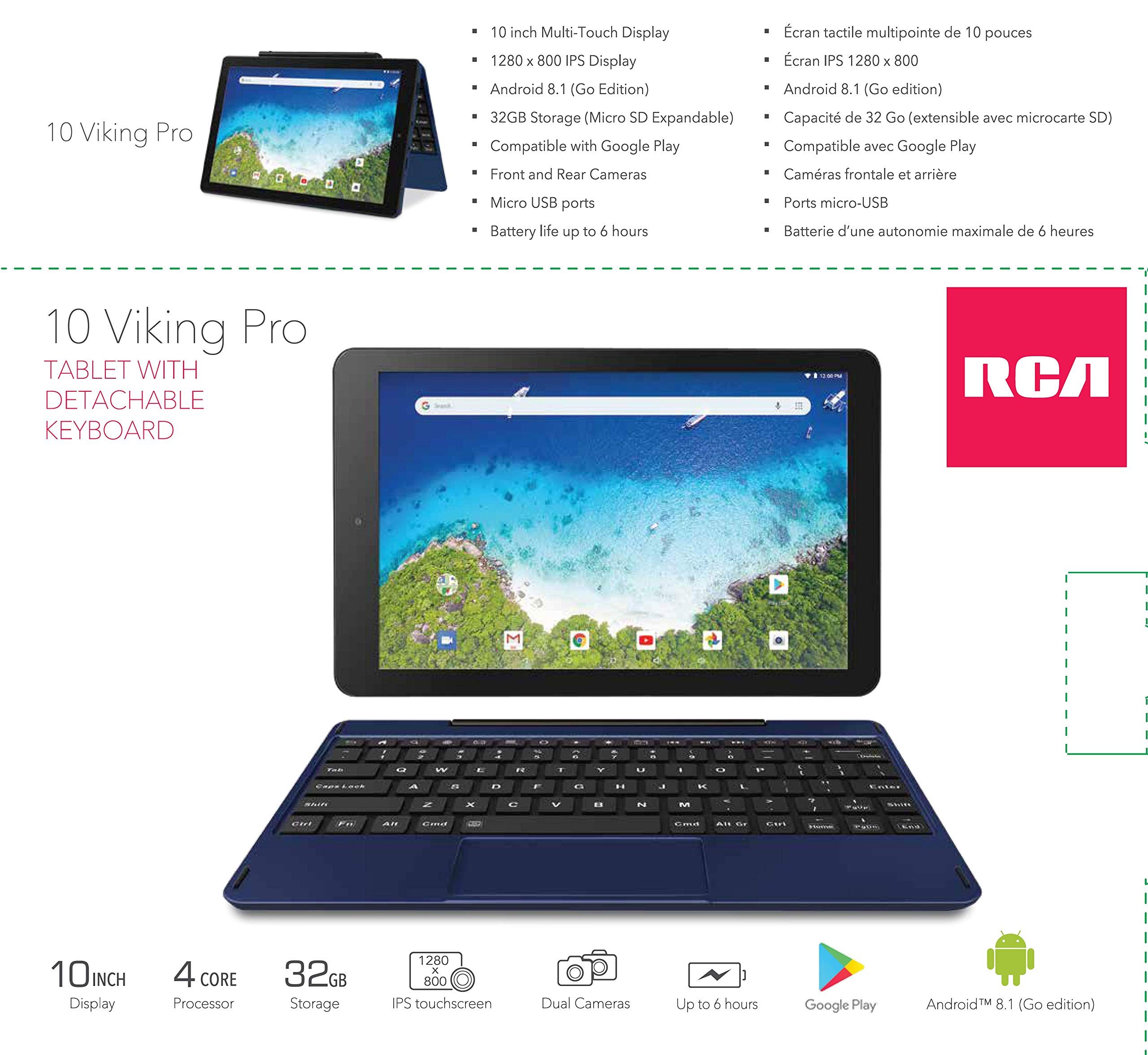 Newest Premium High Performance RCA Viking Pro 10.1" 2-in-1 Touchscreen Laptop Computer Tablet Quad-Core 1G Memory 32GB Hard Drive Detachable-Keyboard Android 8.1