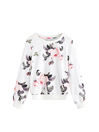Romwe Girl's Kids Casual Floral Pirnt Long Sleeve Round Neck Sweatshirt White 140