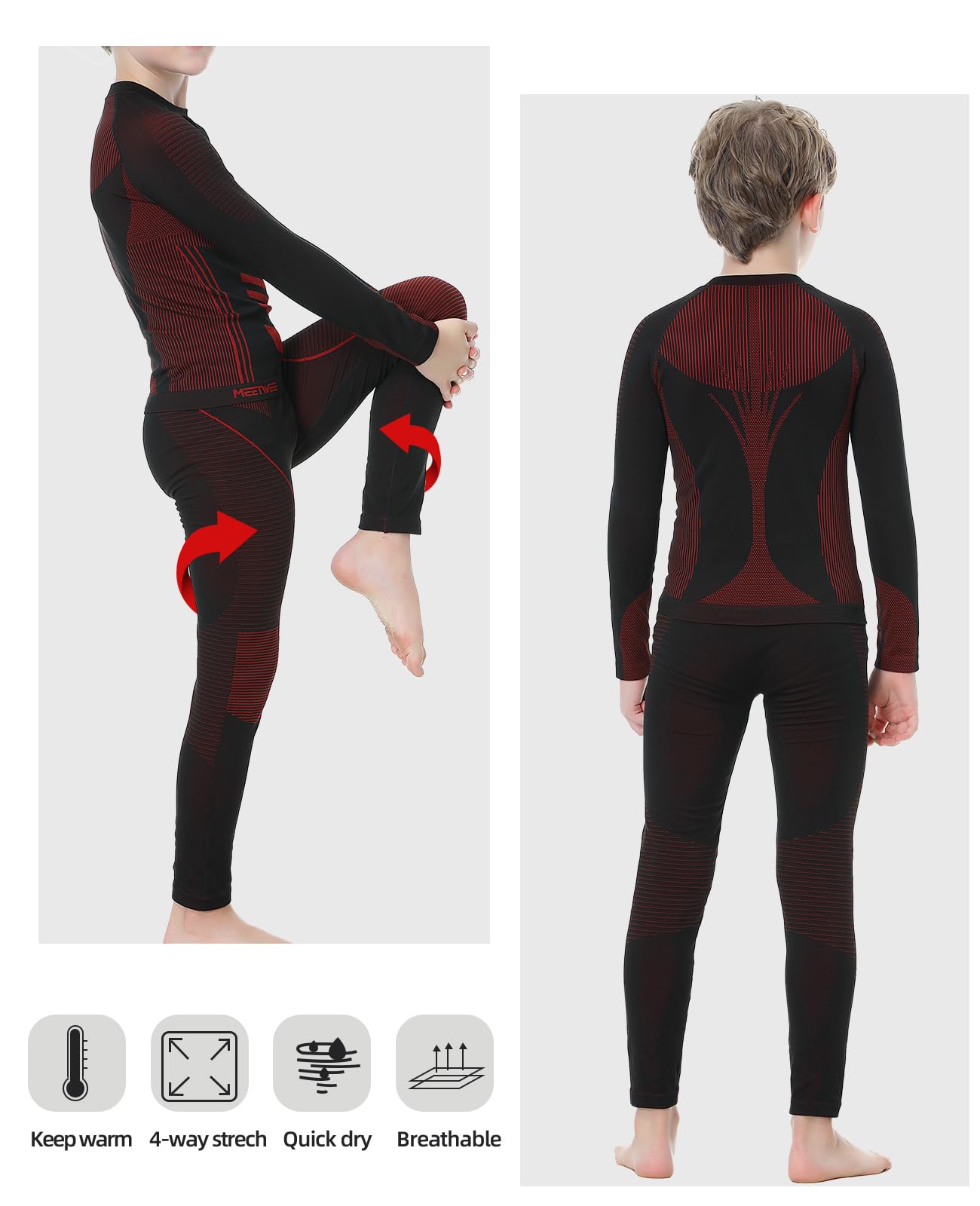 MeetHoo Children's Thermal Sets Skin-friendly Sports Base Layer Winter Ski Hunting Gear Underwear, Red, Medium