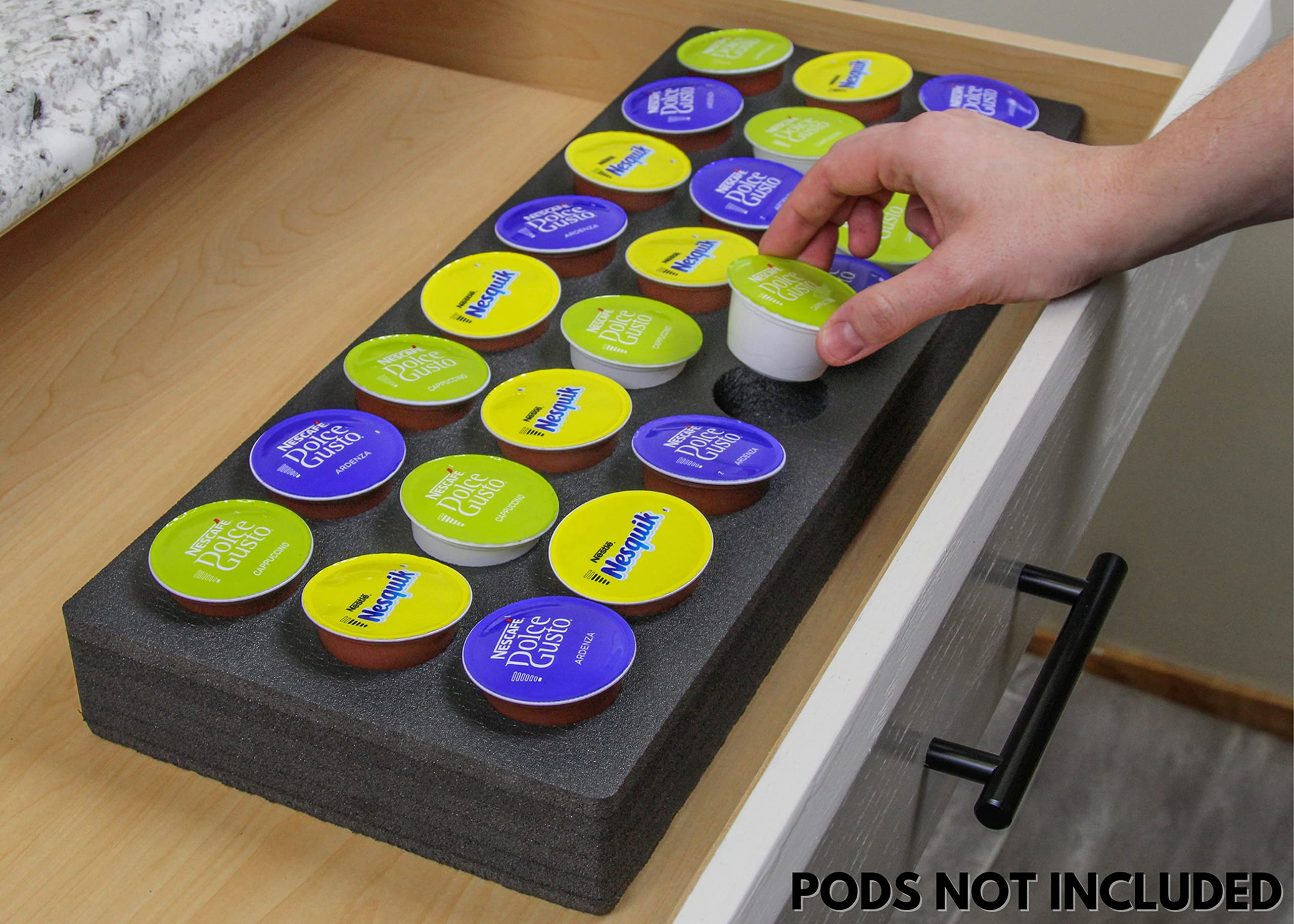 Polar Whale 2 Coffee Espresso Capsule Drawer Organizer Tray Inserts Compatible with Dolce Gusto for Kitchen Home Office Waterproof Washable Black Foam 24 Compartment 7.75 x 20 Inches
