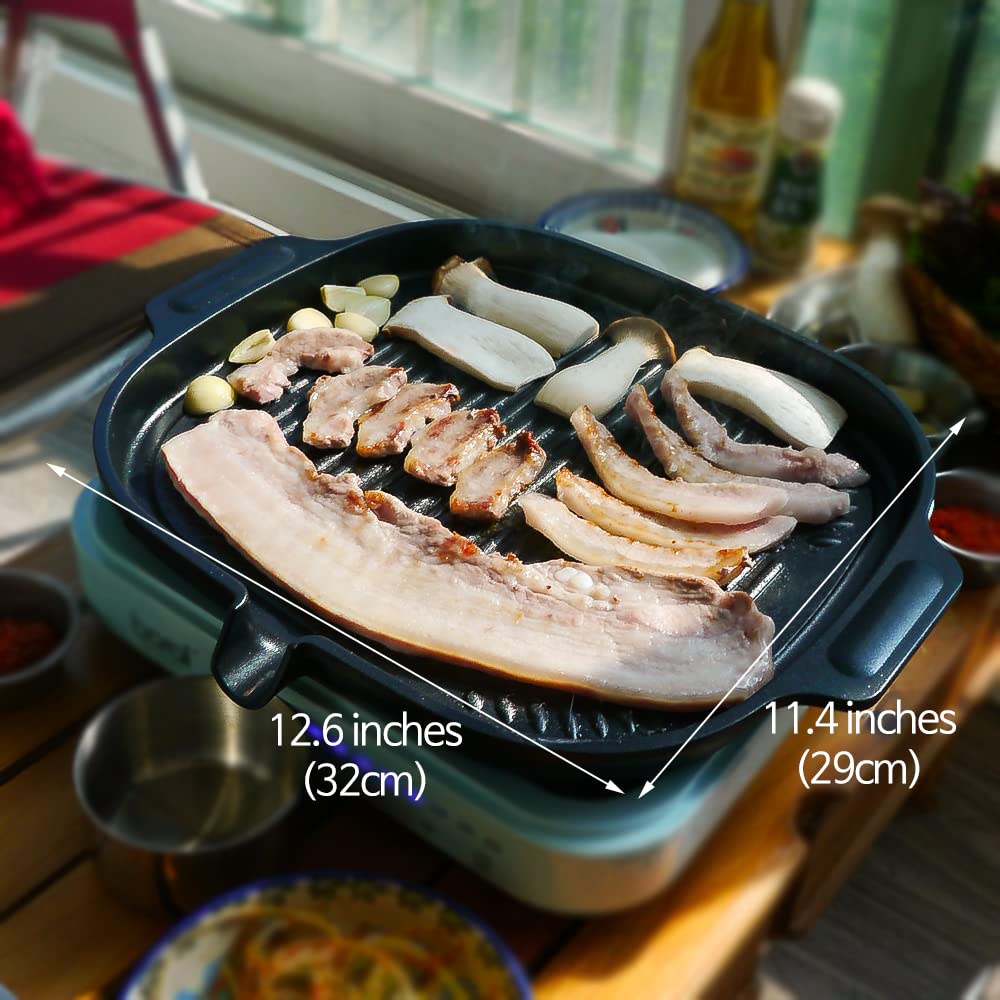 UPIT Korean BBQ Grill Pan - Induction Stovetop Compatible Aluminum Nonstick Indoor Skillet Portable Plate with Grease Draining Spout, 13-inch