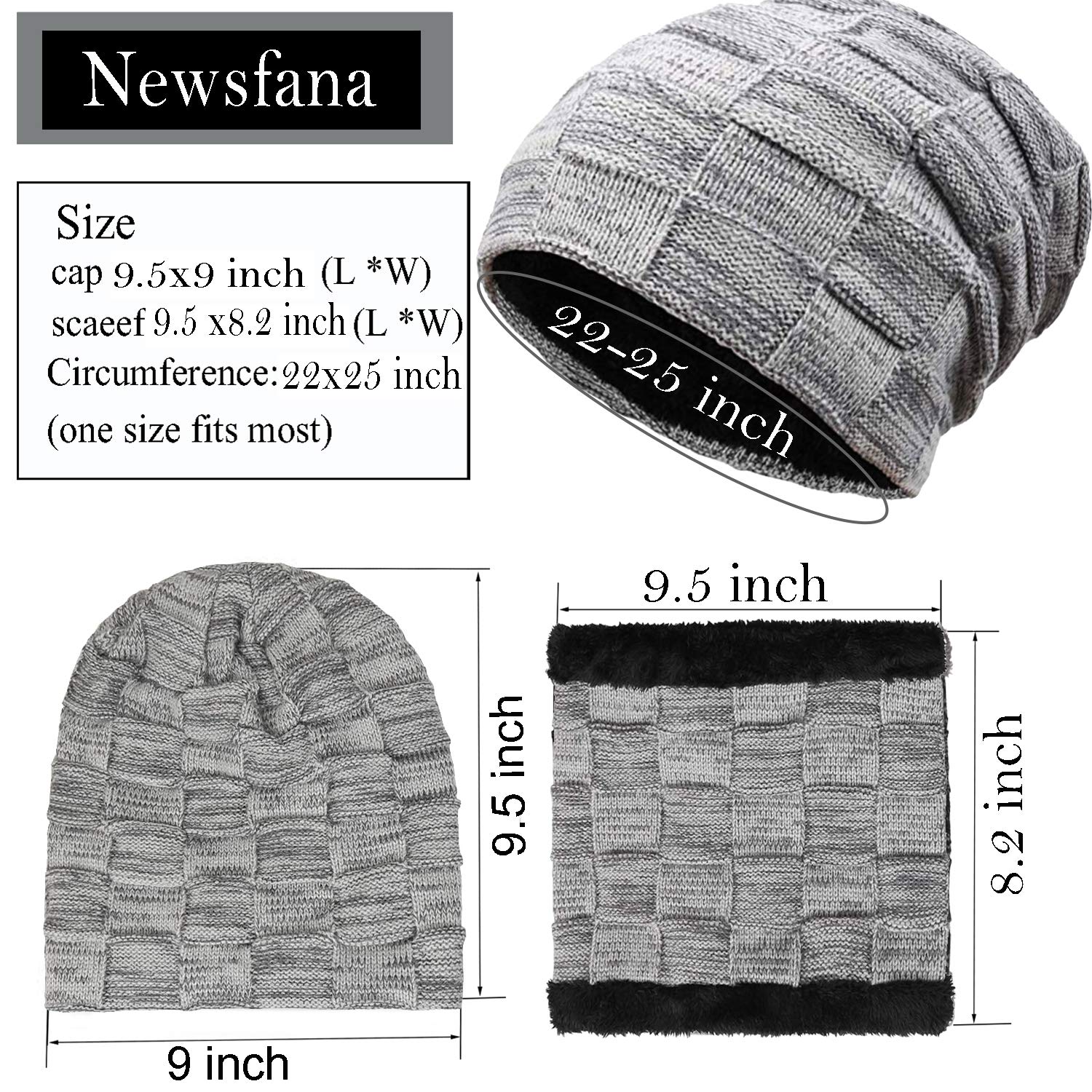Newsfana Winter Beanie hat, Warm Knit Hat Scarf Set Thick Fleece Lined Winter Hat Skull Cap for Men Women (Gray)