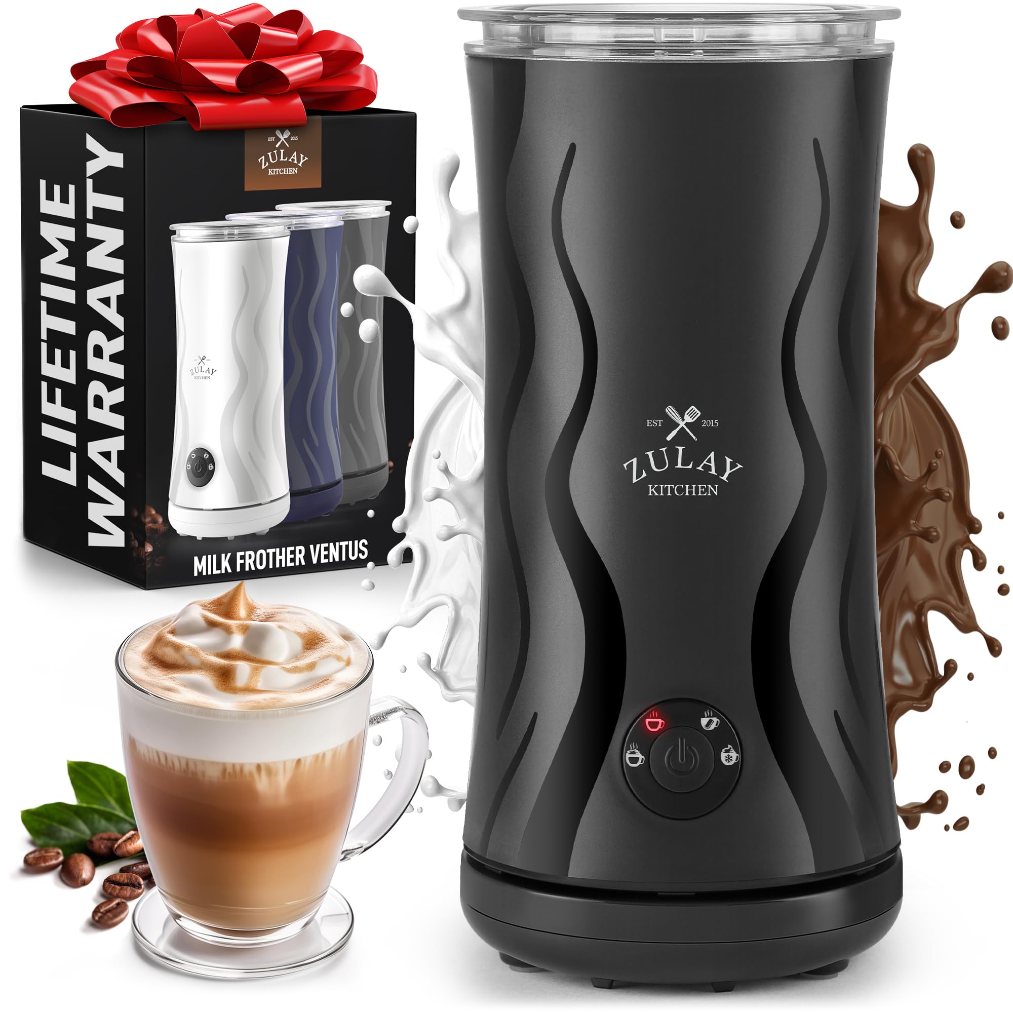 Zulay 4-in-1 Milk Frother and Steamer - Automatic Hot and Cold Foam Maker with Auto Shut Off & Temperature Control for Coffee, Latte, Cappuccino, Hot Chocolate - Black