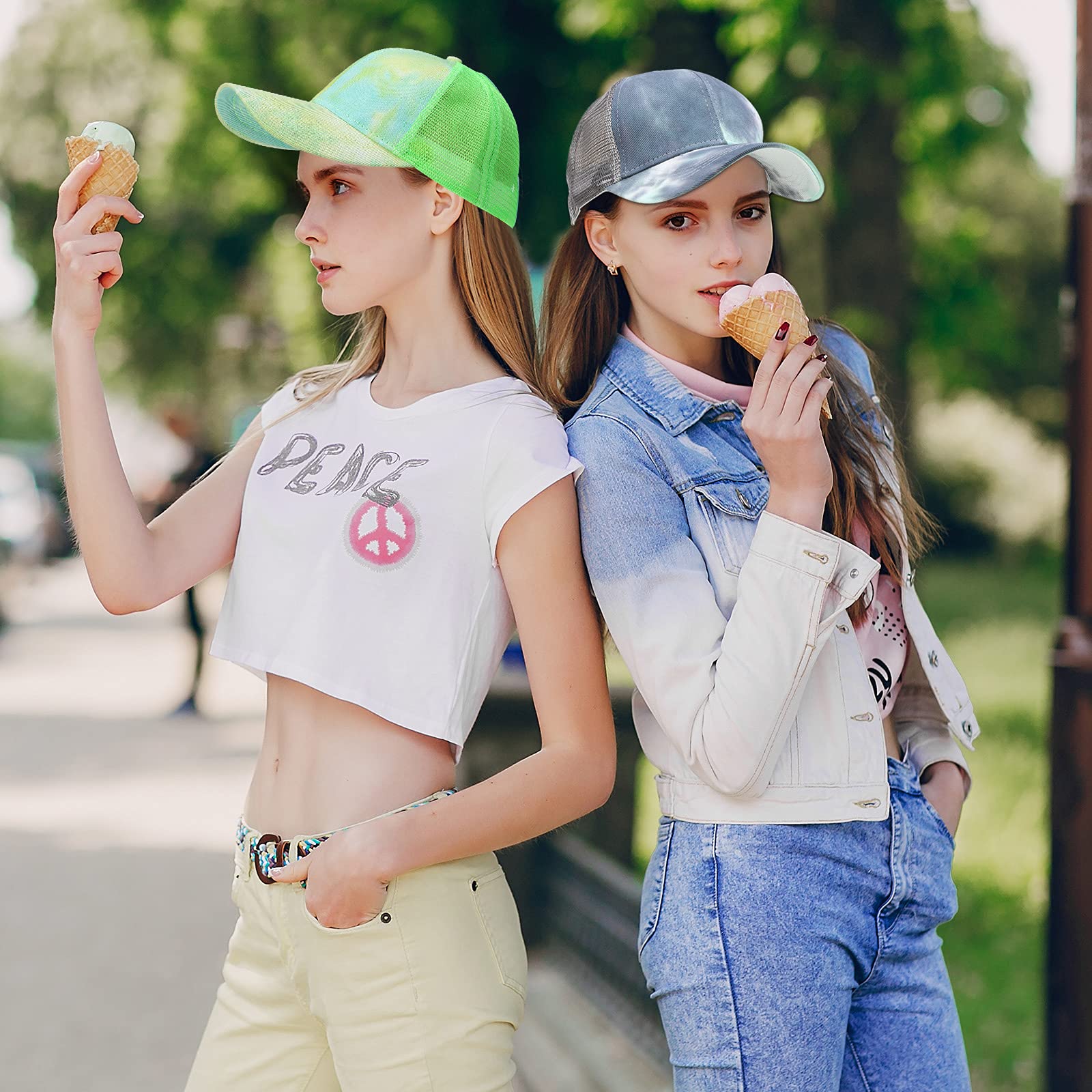 SATINIOR 7 Pieces Tie Dye Ponytail Cap Messy Buns Baseball Cap Ponytail Adjustable Mesh Trucker Baseball Cap Distressed Ponytail Trucker Ponycap Dad Trucker Mesh Hat 7 Colors,One Size