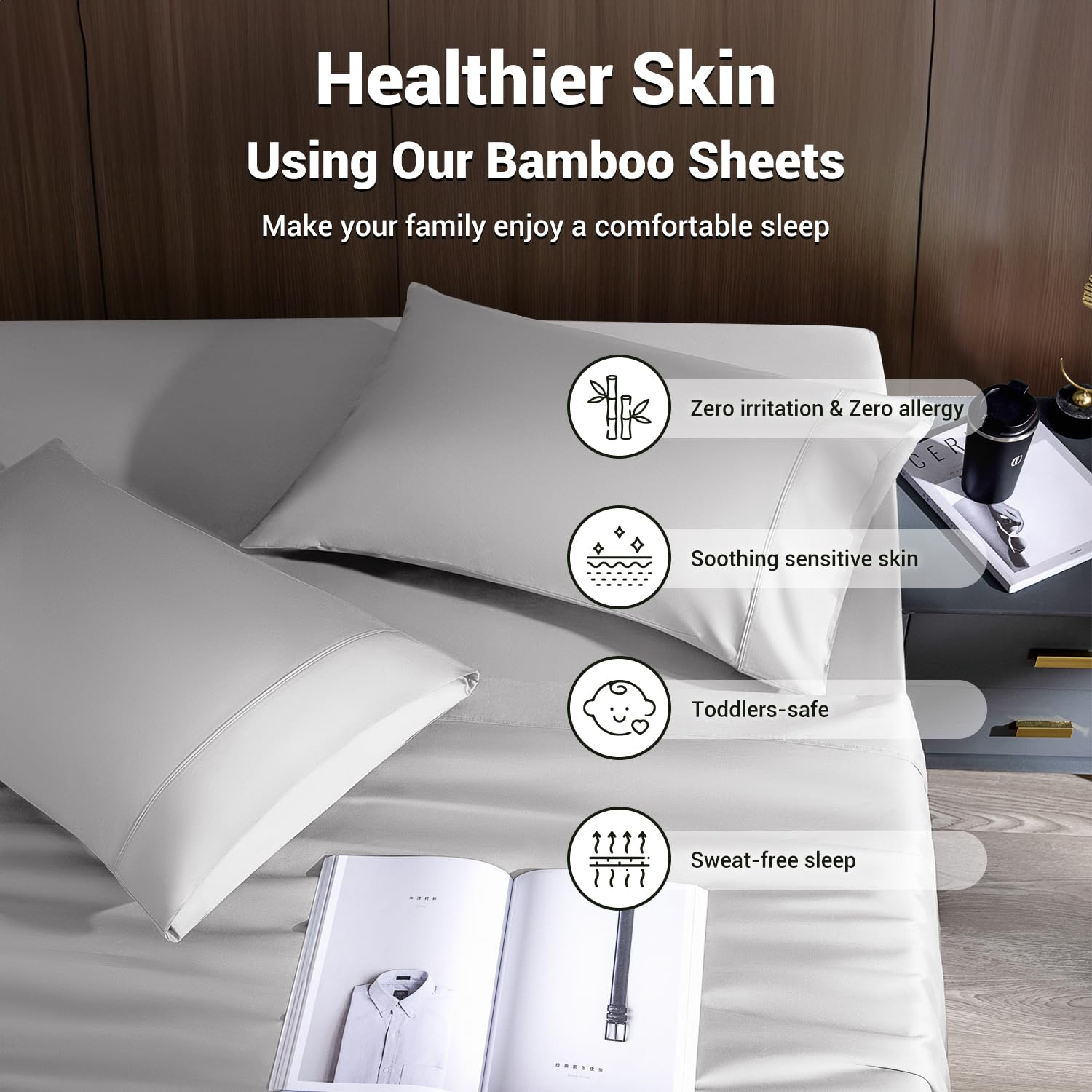 Shilucheng 4-Piece King Size Sheets Set,Blend of Rayon Derived from Bamboo_Sheets,Cooling & Breathable Bed Sheets, Silky Bedding Sheets & Pillowcases, 16 Inch Deep Pockets (King,Grey)