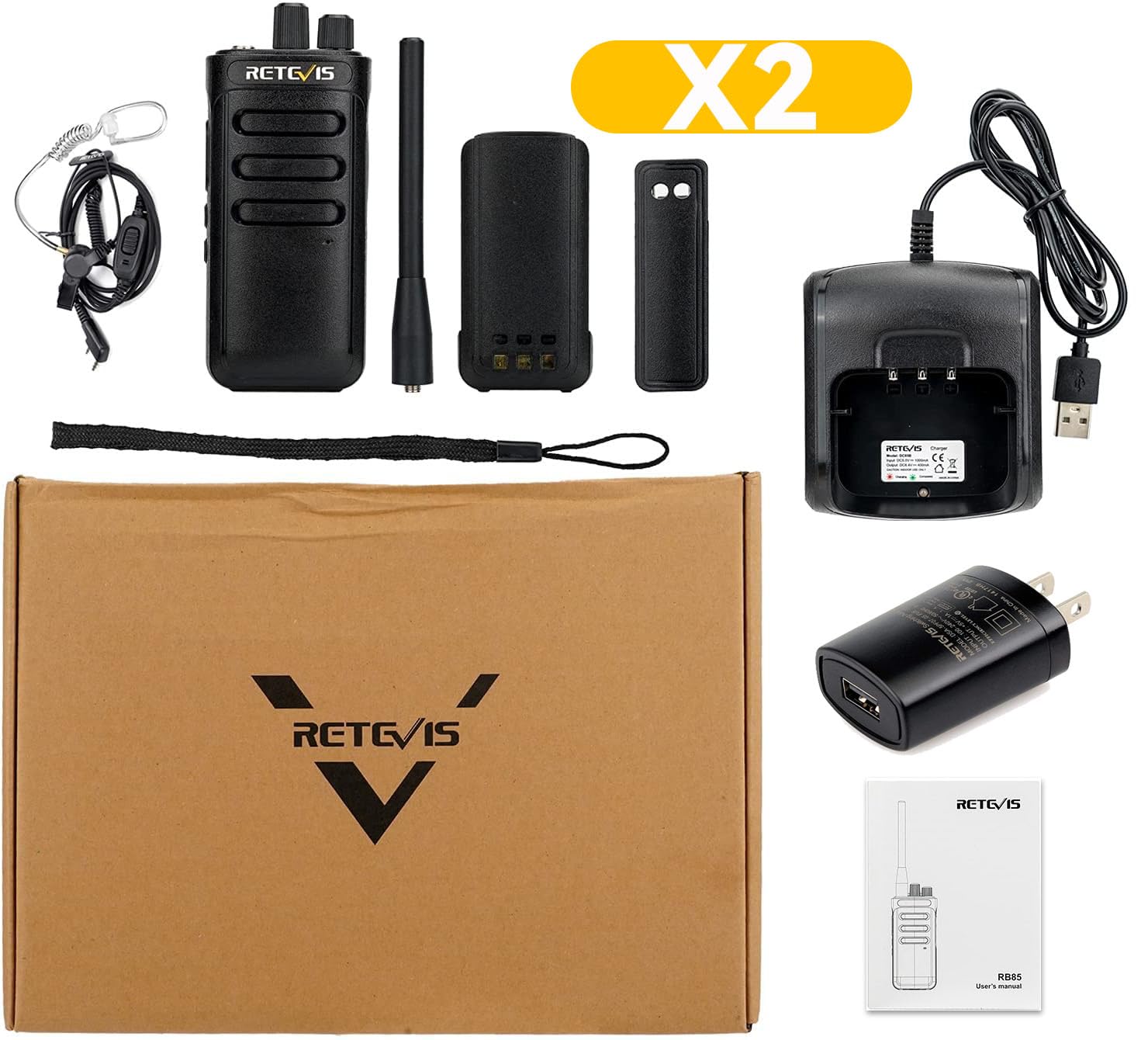 Retevis RB85 Walkie Talkies for Adults Long Range, High Power 2 Way Radio with Earpiece, Rechargeable Two Way Radios, AI Noise Cancelling, for Security, Hotel(2 Pack)