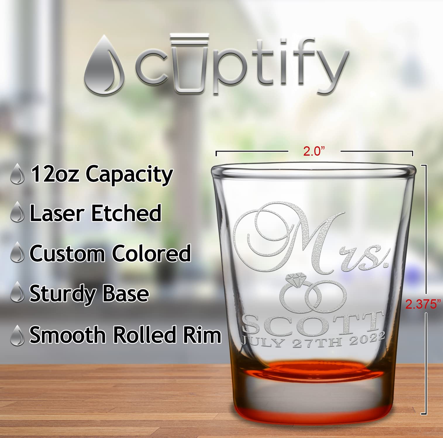 Personalized Mr and Mrs Shot Glasses Set 2oz Orange Bottom Custom Engraved for Couples, Wife and Husband, Fiance and Fiancee, Bride and Groom at Wedding Party, Anniversary and Engagements