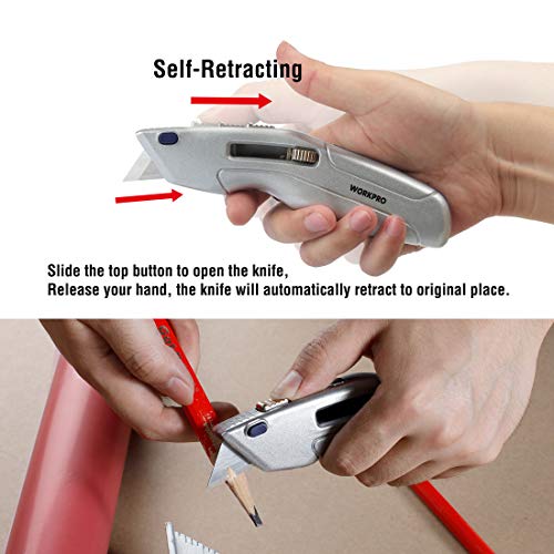 WORKPRO Retractable Utility Knife and Self-retracting Safety Box Cutter 2-in-1 with 2 Extra Blades Included