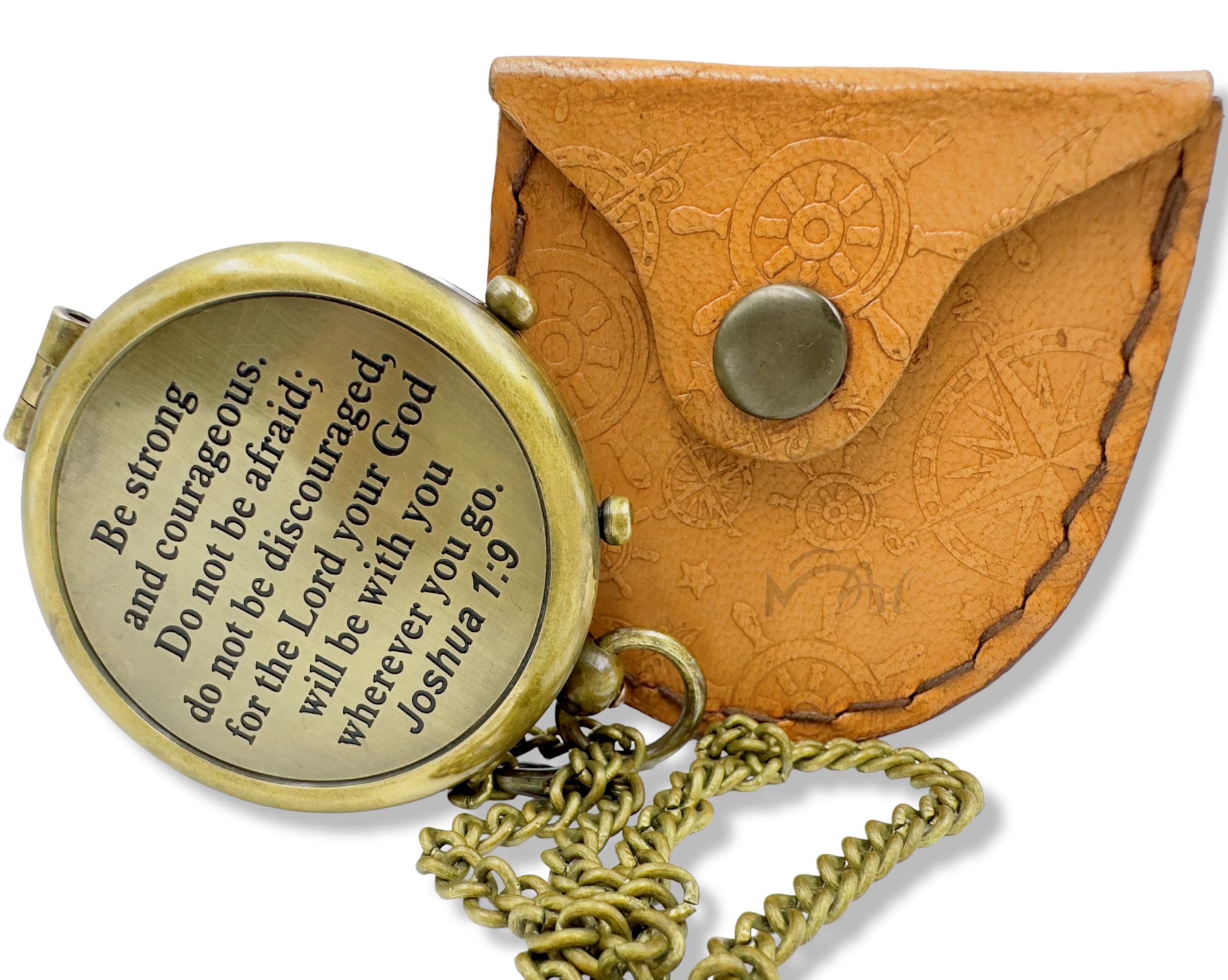 MAH Be Strong and Courageous Brass Religious Compass Gift Confirmation Baptism Easter Christian Catholic Graduation Trekking Adventure Engraved Scripture Prayer Gift for Men Women Teenage Boys Girls