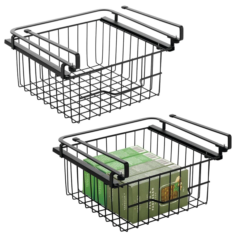 mDesign Compact Hanging Pullout Drawer Basket - Sliding Under Shelf Storage Organizer - Metal Wire - Attaches to Shelving - Easy Install - for Kitchen, Pantry, Cabinet - White
