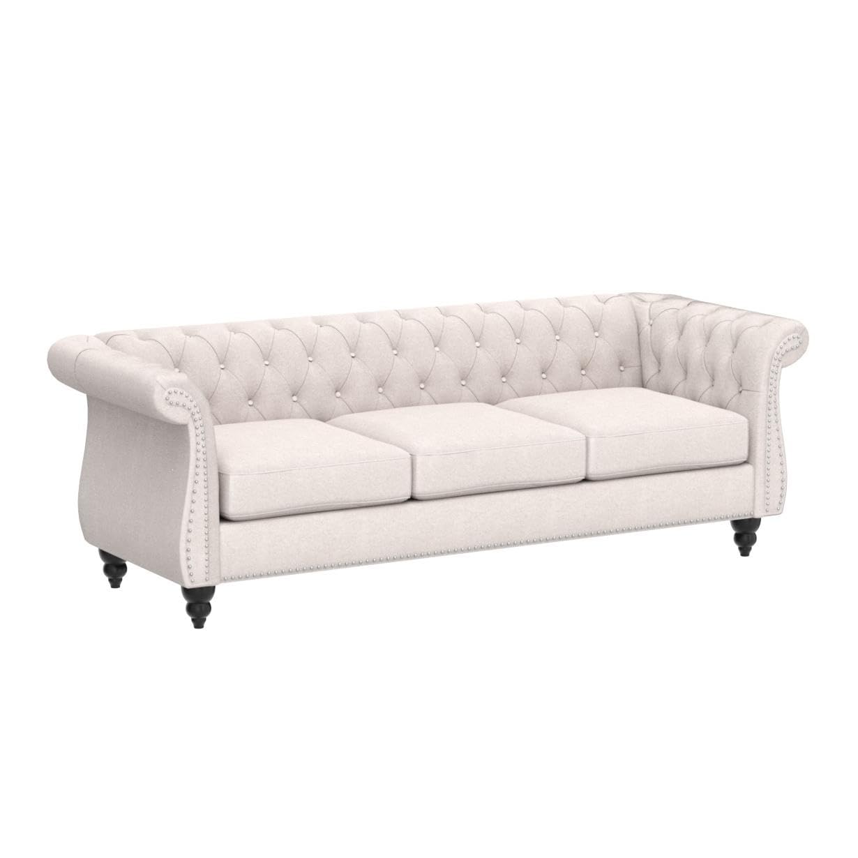 MIYZEAL Modern 3 Seater Couch Velvet, Upholstered Sofa with Tufted Back, Roll Arm Classic Chesterfield Settee Couches for Living Room, Office (Beige)