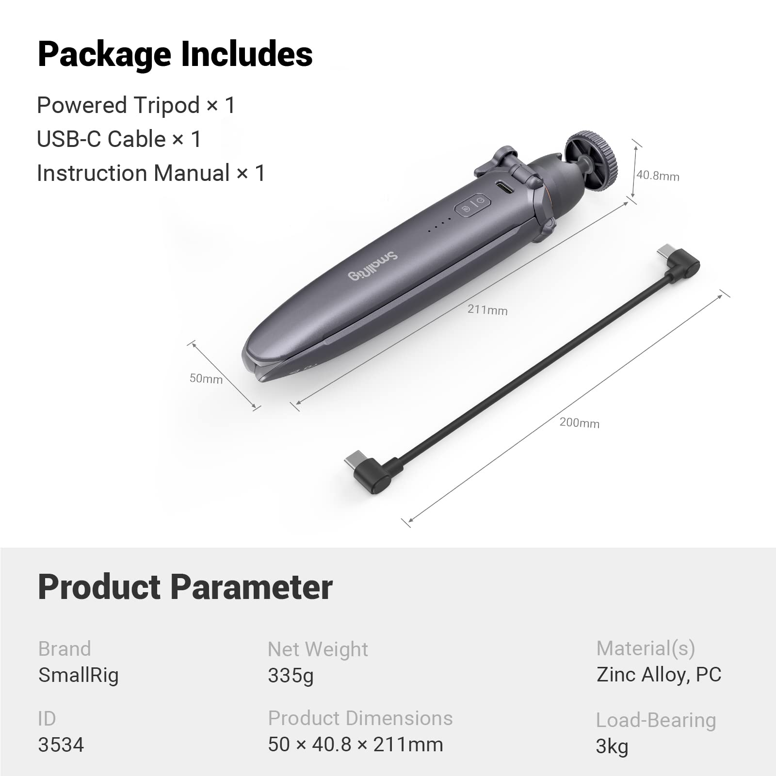 SmallRig Charging Mini Tripod for iPhone Cameras DSLRs Gopro, Handle Grip Desktop Tripod with Wireless Control Button 360° Ball Head and Power Display, for Vlogging Video Shooting Filming -3534
