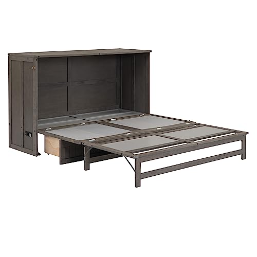 Merax Queen Cube Cabinet Space-Saving Murphy Bed with Drawer and Built-in Charging Station for Multipurpose Guest Room or Home Office, Antique Grey