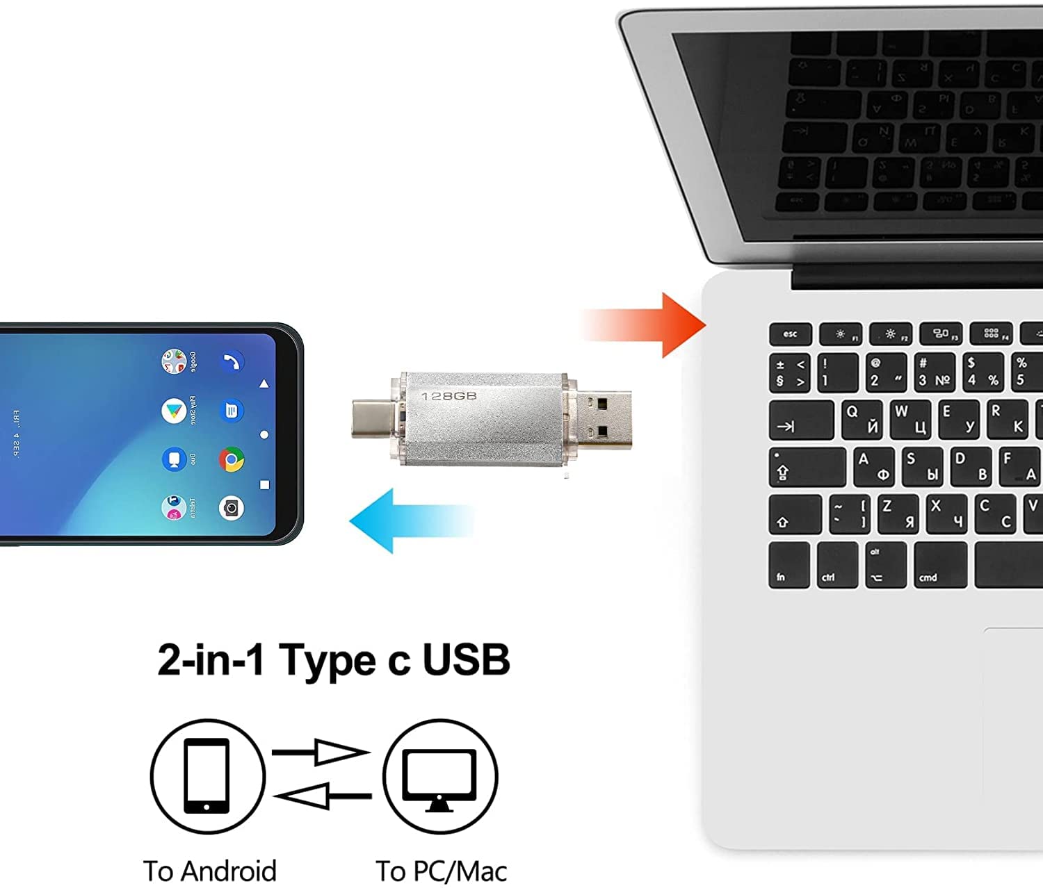 USB Type C Flash Drive 128GB 2-in-1 USB-C Flash Drive High Speed OTG Thumb Drive with Keychain Memory Stick Photo Stick for Android Phones MacBook Tablets PC,Sliver