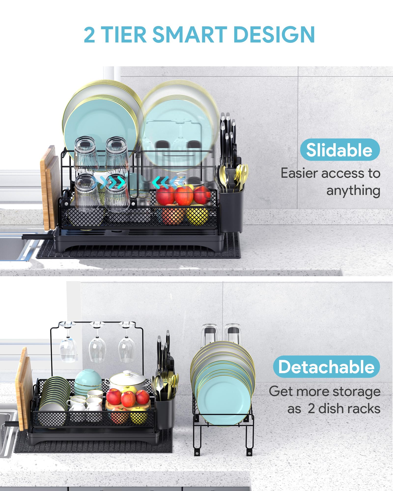 Lvtrupc Dish Drying Rack - Large-Capacity Dish Rack for Kitchen Counter, Stainless Steel Dish Drainer, 2-Tier Kitchen Dish Drying Rack for Dishes, Cutlery and Wine Glasses with Extra Dryer Mat