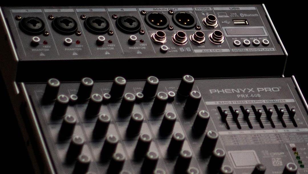 Professional DJ Audio Mixer, Phenyx Pro Sound Mixer, 6-Channel Sound Board Mixer Audio w/Bluetooth & USB Audio Interface, Stereo Equalizer, 16 DSP Effects, 3-Band EQ, For Studio & Stage (PRX-600)