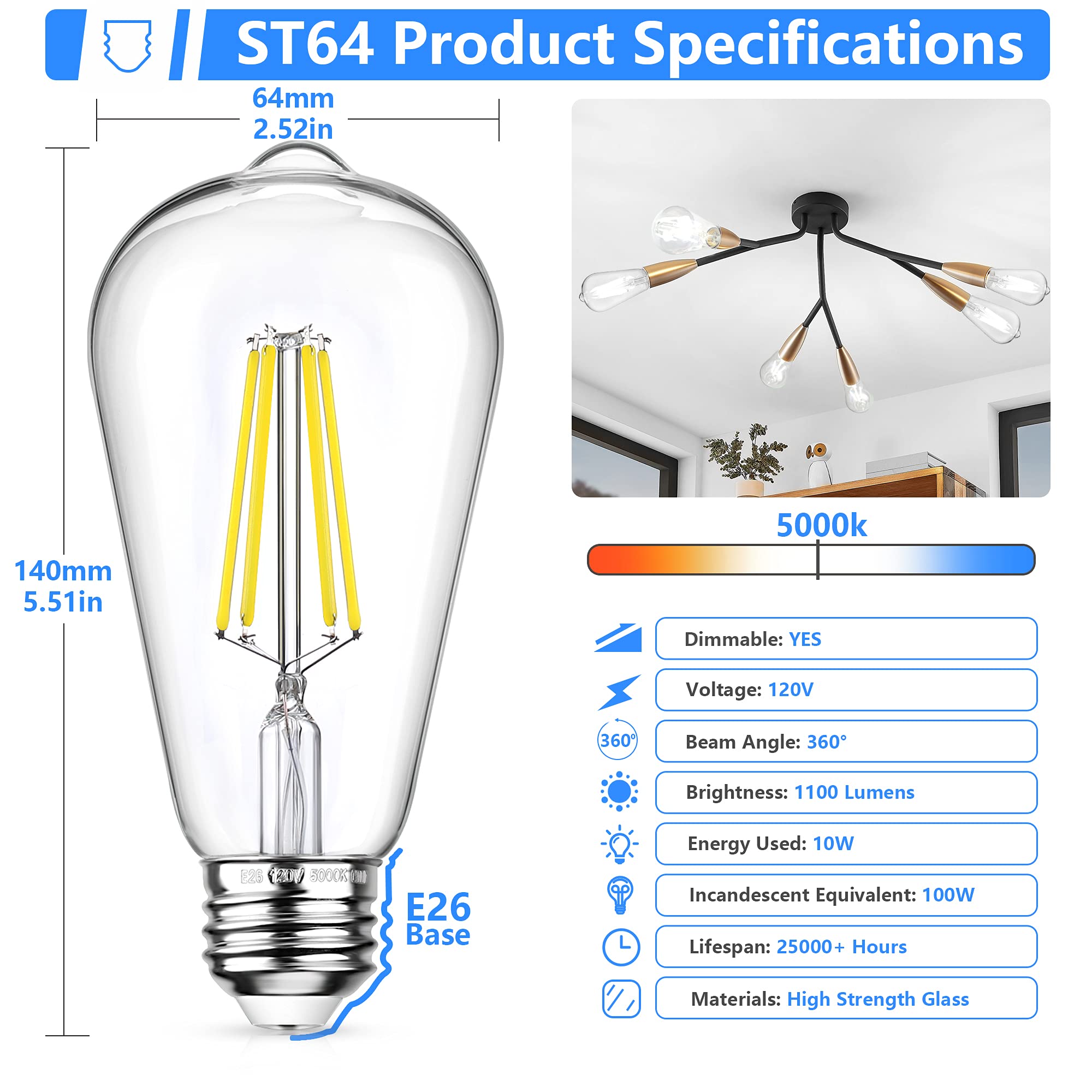 SHINE HAI Vintage LED Edison Light Bulbs, Dimmable Daylight White 5000K ST64 LED Filament Light Bulbs, 10W, Equivalent 100W, 1100 Lumens High Brightness LED Antique Bulb, CRI 90+, E26 Base, Pack of 4