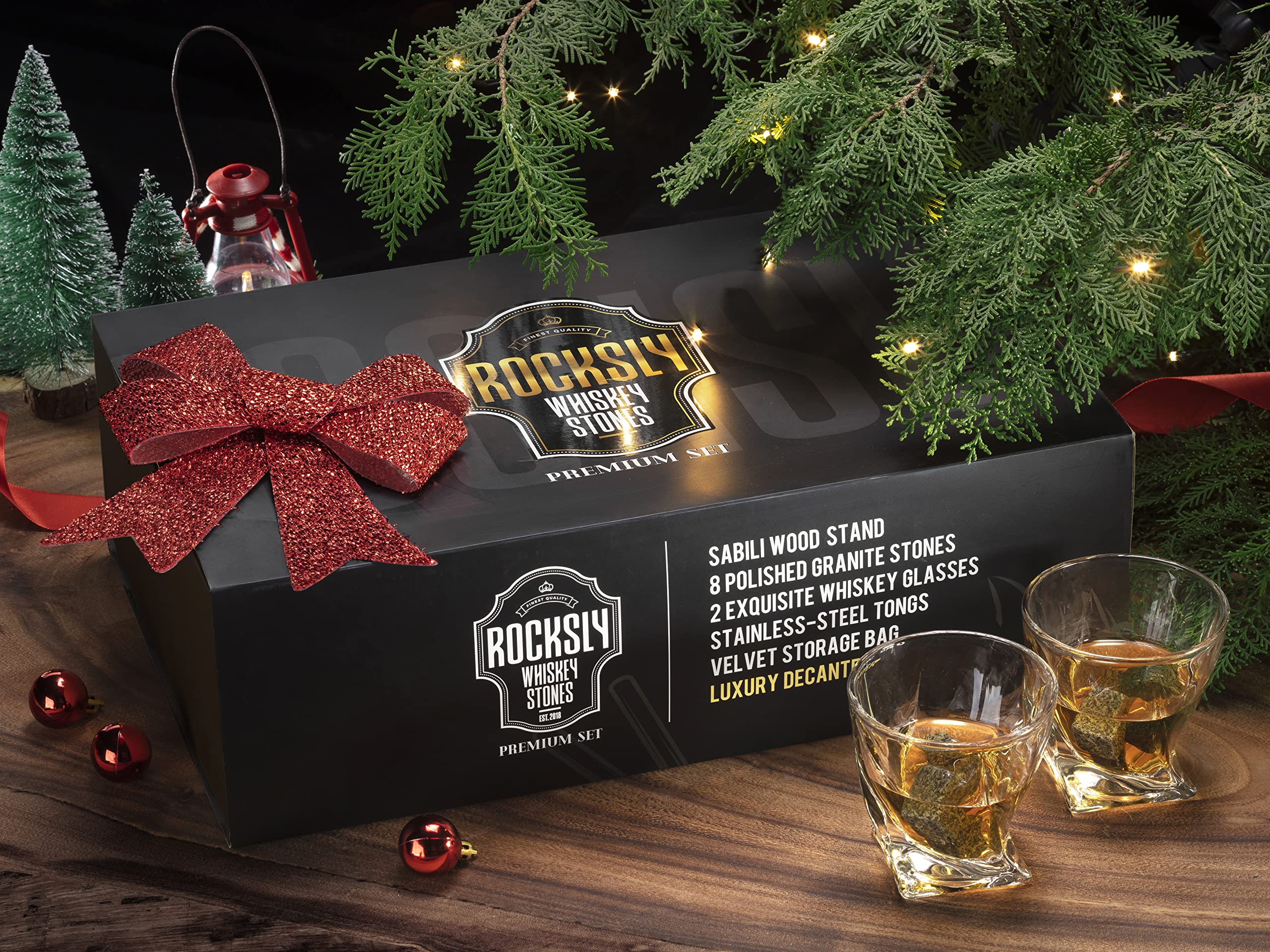 ROCKSLY Whiskey Stones Gift Set for Men | Whiskey Decanter Set With Wood Stand | Bourbon Decanter with Scotch Glasses, 8 Granite Whiskey Stones| Ideal For Whiskey Lovers | Gift Set For Dad, Boyfriend