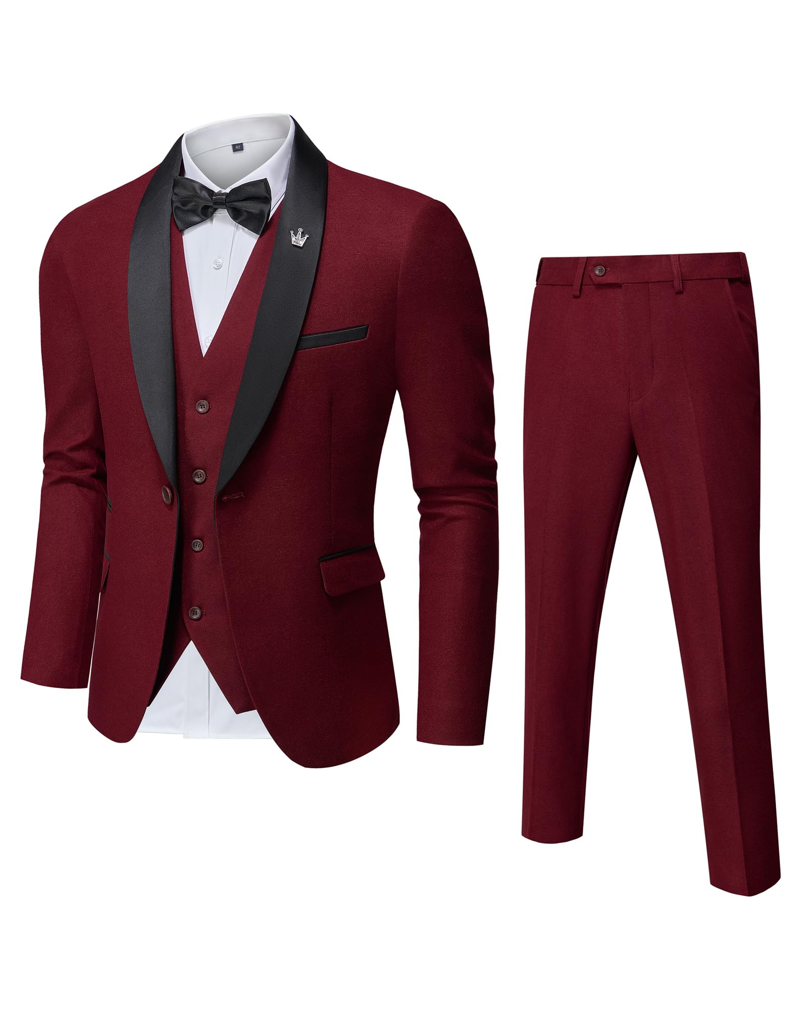 MYS Mens 3-Piece Suit Shawl Lapel One Button Tuxedo Slim Fit Premium Dinner Jacket Vest Pants & Tie Set Deep Red
