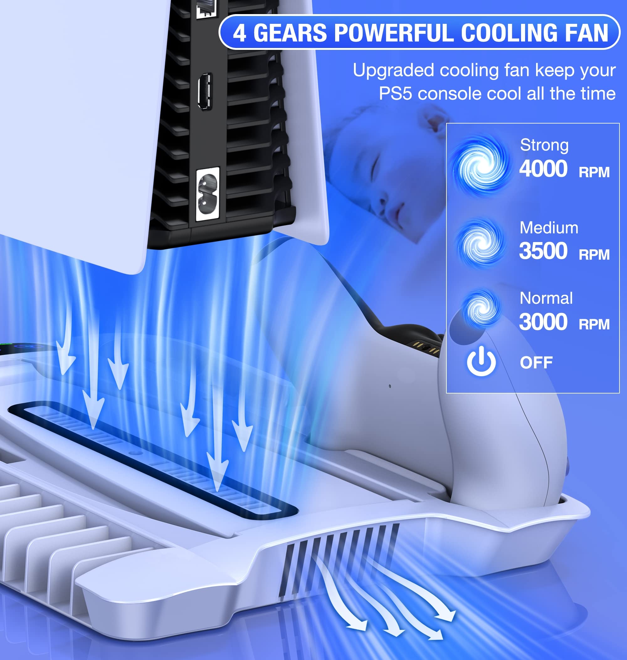 Vertical Cooling Stand for PS5 with 13 Game Storage and Dual Fast Controller Charging Station