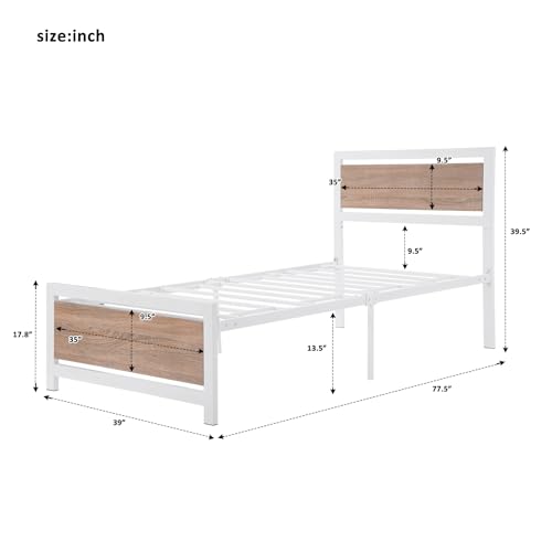 Metal and Wood Bed Frame with Headboard and Footboard, Twin Size Platform Bed, No Box Spring Needed, Easy to Assemble(White)