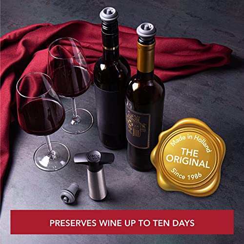 Vacu Vin Wine Saver Pump Stainless Steel with Vacuum Wine Stopper - Keep Your Wine Fresh for up to 10 Days - 1 Pump 1 Stopper - Reusable - Made in the Netherlands