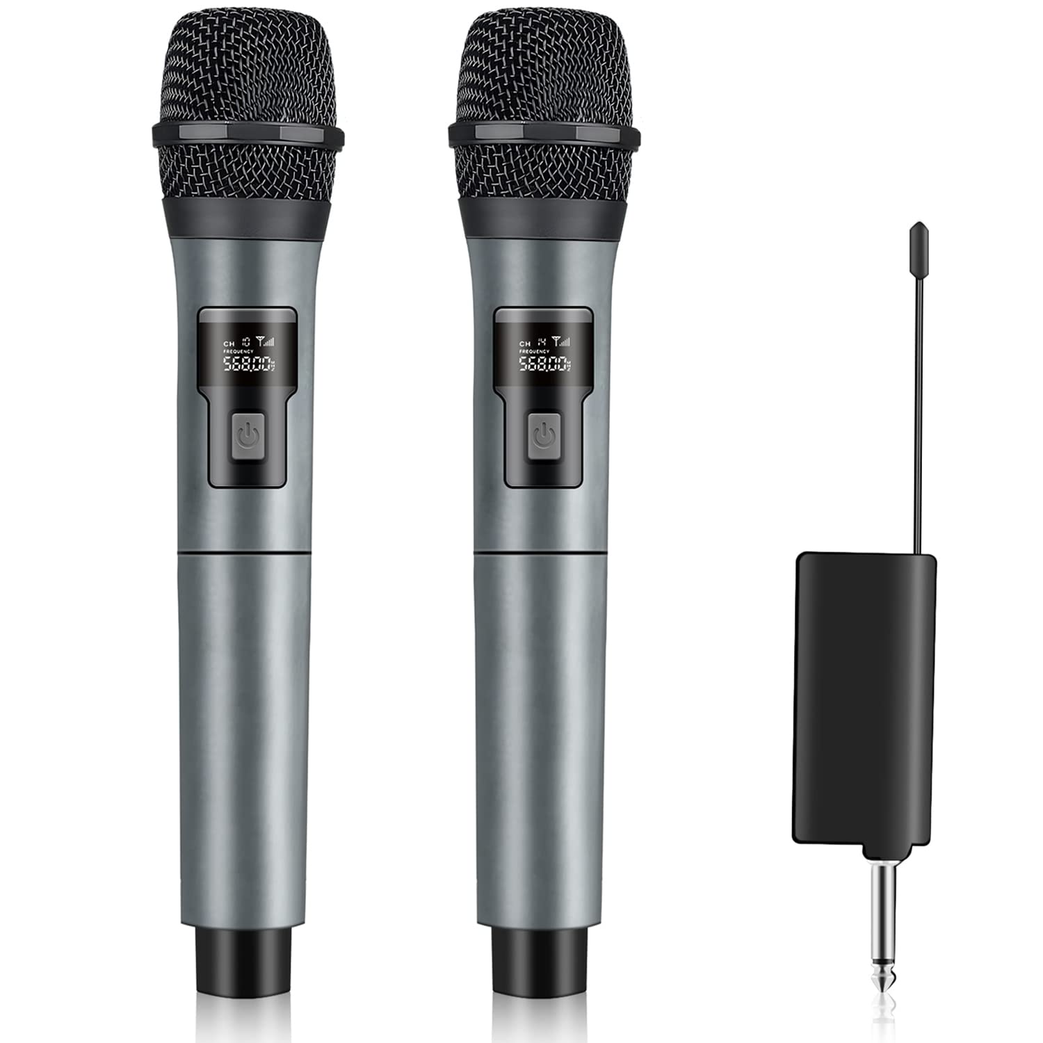 SMARTSWORD Wireless Microphone, Dual Portable Handheld Dynamic Karaoke Mic System with Rechargeable Receiver, Cordless Mic Set for Wedding, Party, Speech, Church, Meeting, 160 ft Range,Grey
