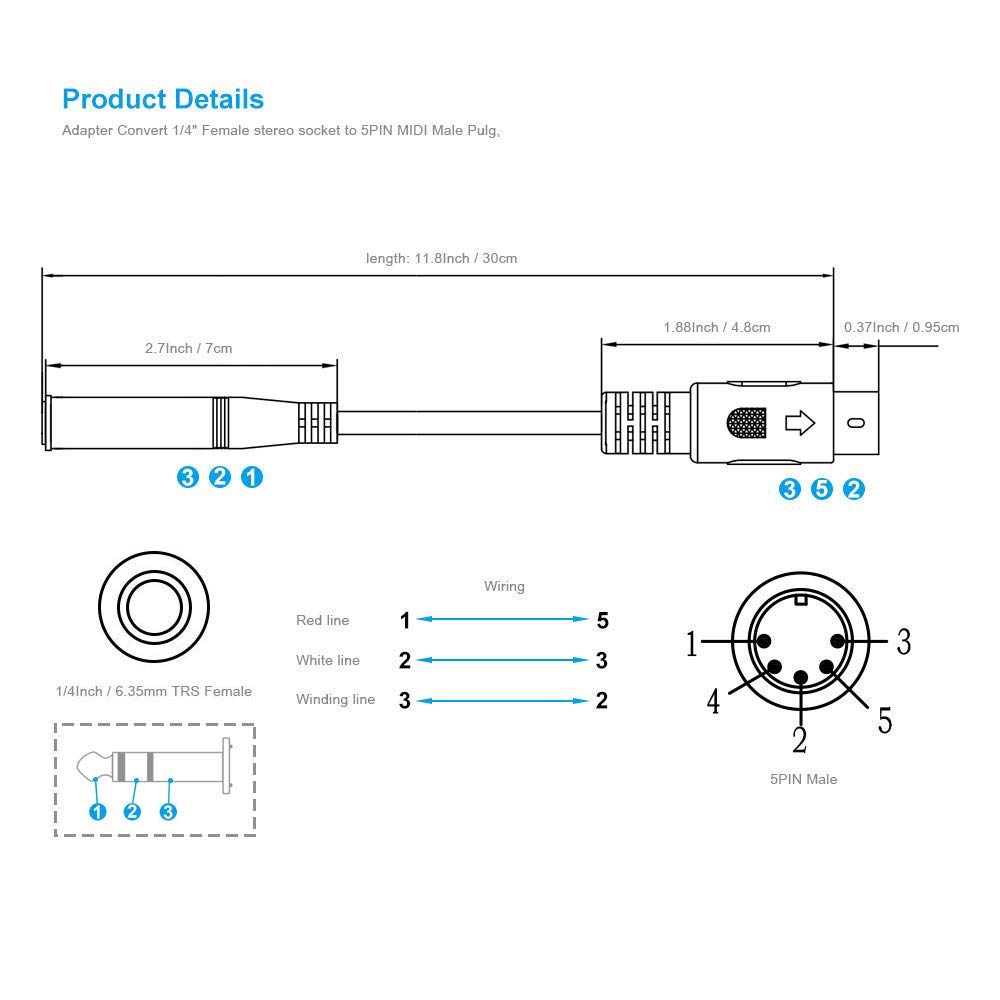MOBOREST 6.35mm(1/4) TRS to 5-Pin DIN MIDI Cable Adapter Connect an Speaker