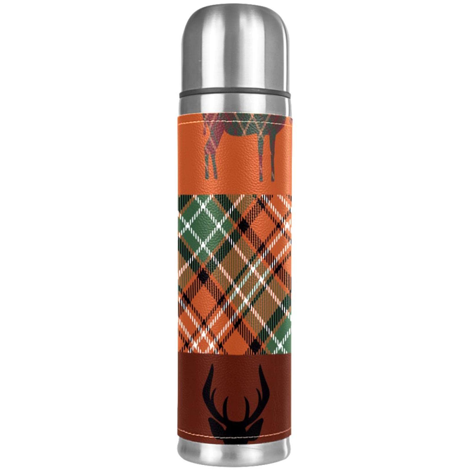 Stainless Steel Leather Vacuum Insulated Mug Plaid Animals Thermos Water Bottle for Hot and Cold Drinks Kids Adults 16 Oz