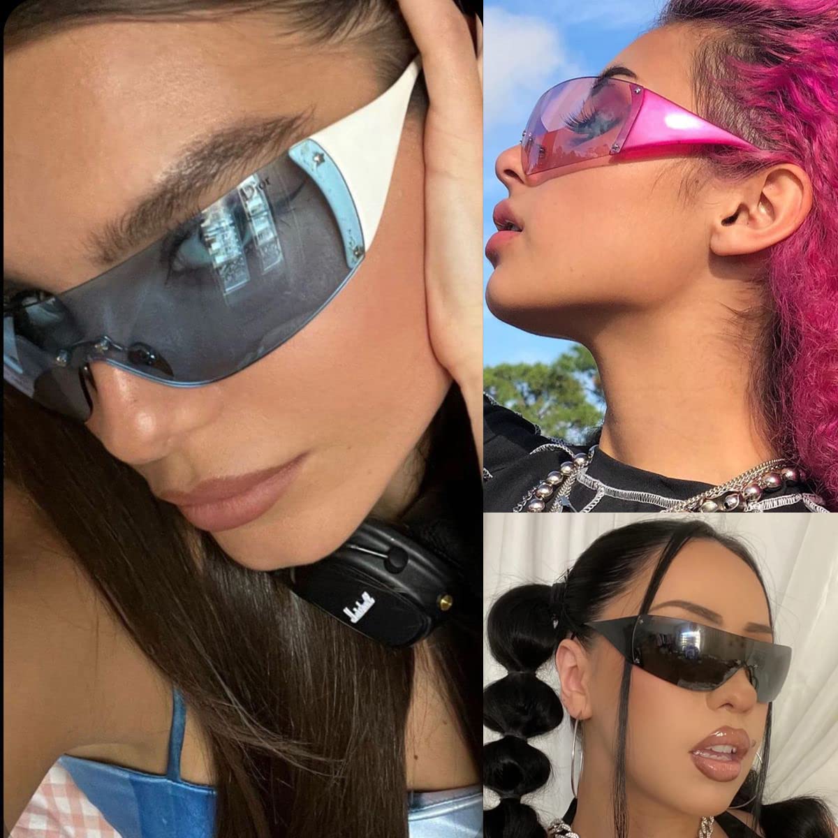 Trendy Rimless Y2K Sunglasses for Women Men,Mirror Shield Wrap Around Sunglasses Oversized Fashion Frameless Sun Glasses (Black/Black)