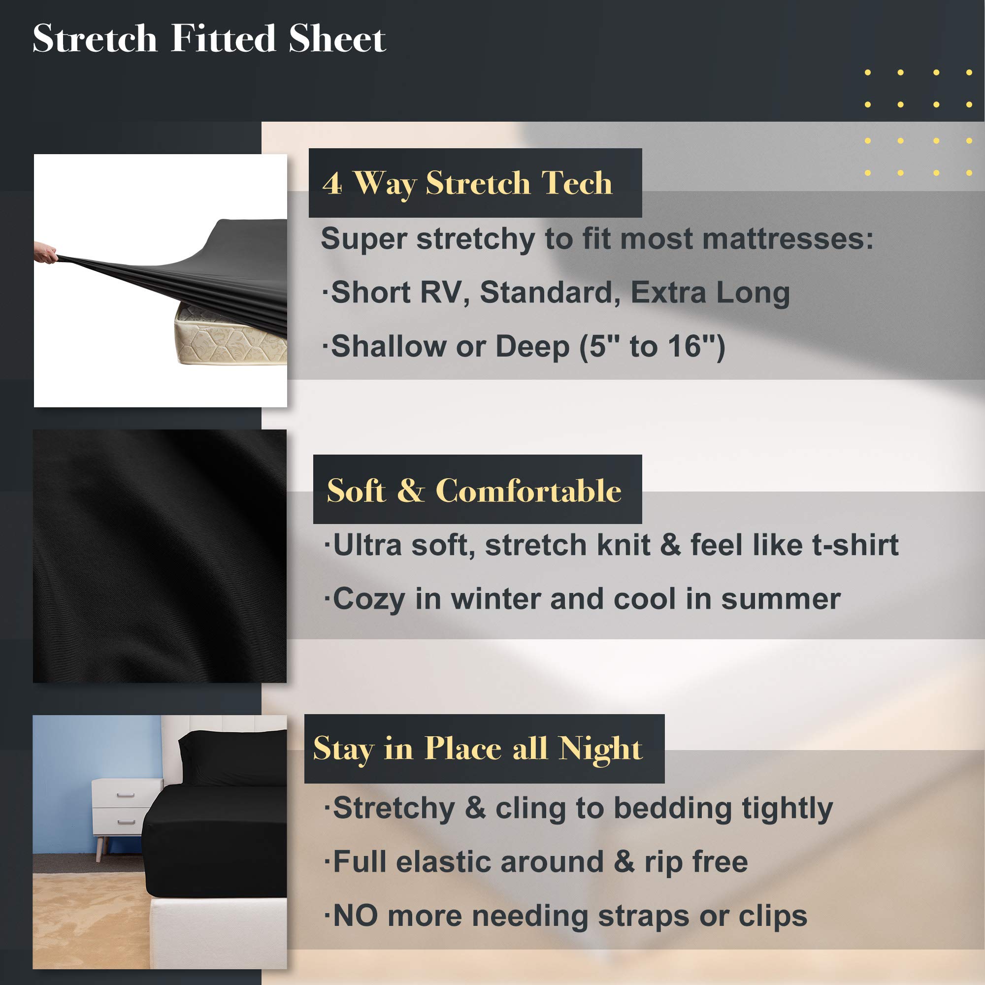 N&Y HOME Stretch Sheets Set Full Size - Microfiber Jersey Knit & T-Shirt Like Extra Soft, 4 Way Stretchy Bed Sheets to Fit Most Mattress, Wrinkle Resistant - 4 Piece Sets, Black, Full/Full XL