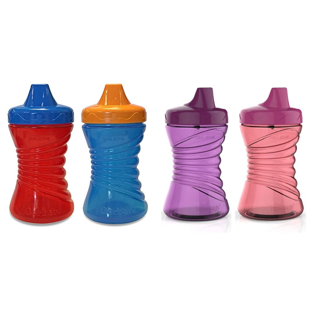 NUK Gerber Graduates Fun Grips Hard Spout Sippy Cup in Assorted Colors, 10-Ounce, 2 cups with First Essentials Fun Grips Hard Spout Sippy Cup, 10 Oz, 2-Pack (69729)