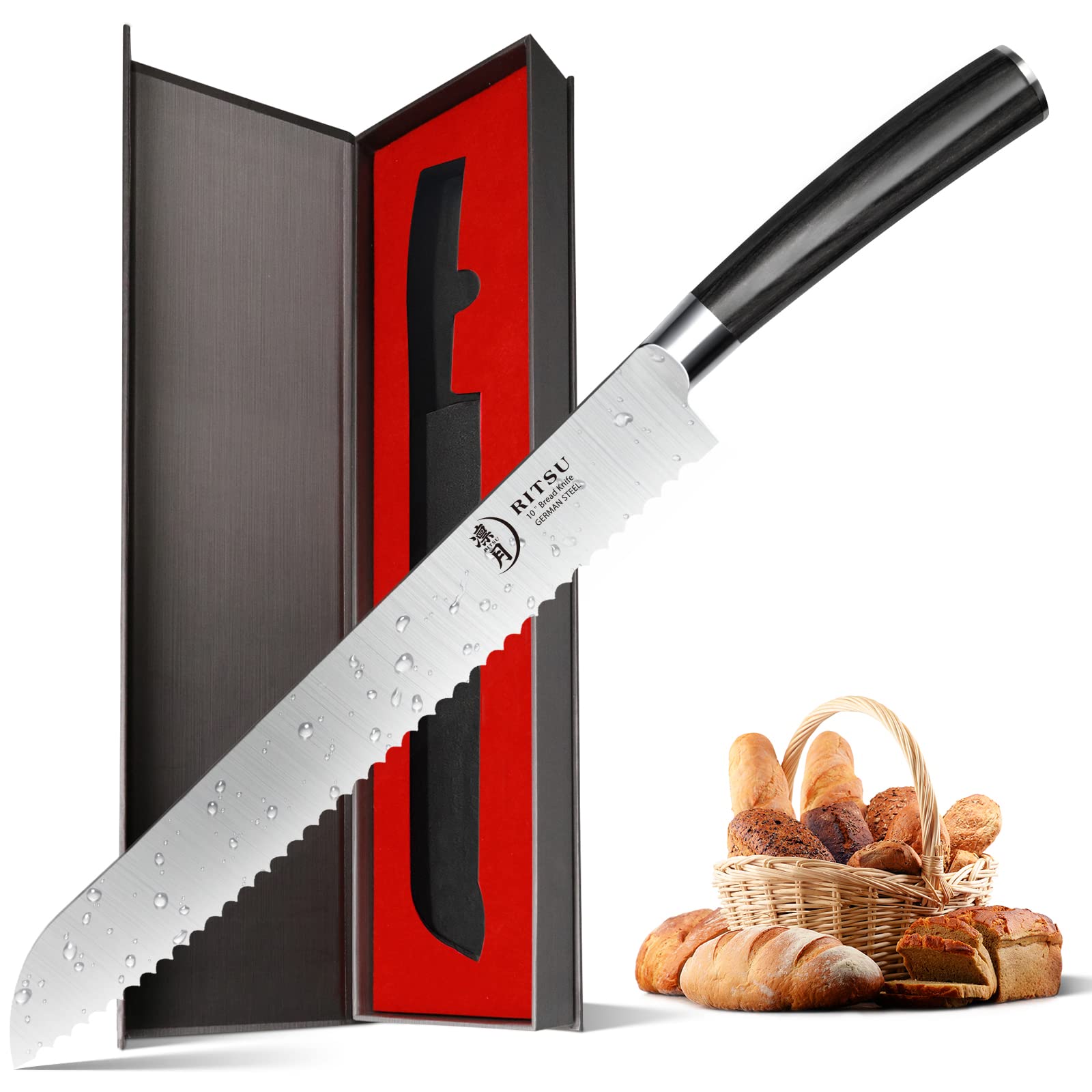 RITSU Bread Knife 10 Inch Serrated Knife, Professional Serrated Bread Knife, German High Carbon Steel Bread Slicer with Ergonomic Handle for Homemade Bread Slicing