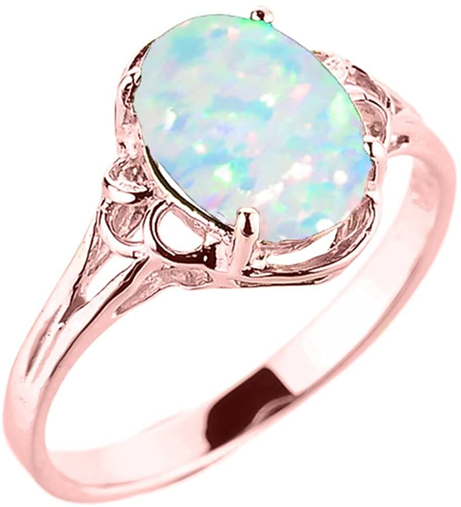 Modern Contemporary Rings 10K Rose Gold October Birthstone Lab Grown Oval Opal Gemstone Solitaire Ring - Size 6-1/4