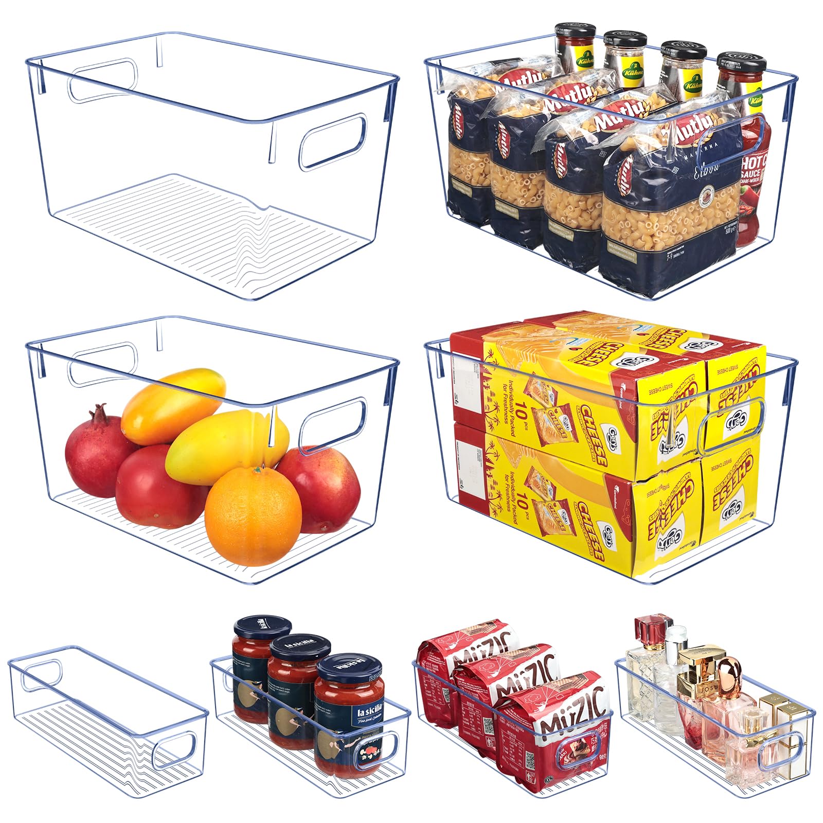 SKYJUNS 8 pack Clear Plastic Storage Bins, Pantry Organization and Storage, Clear Organizing Bins for Kitchen Organization, Freeze Storage, Cabinet Organization (4L+4S)