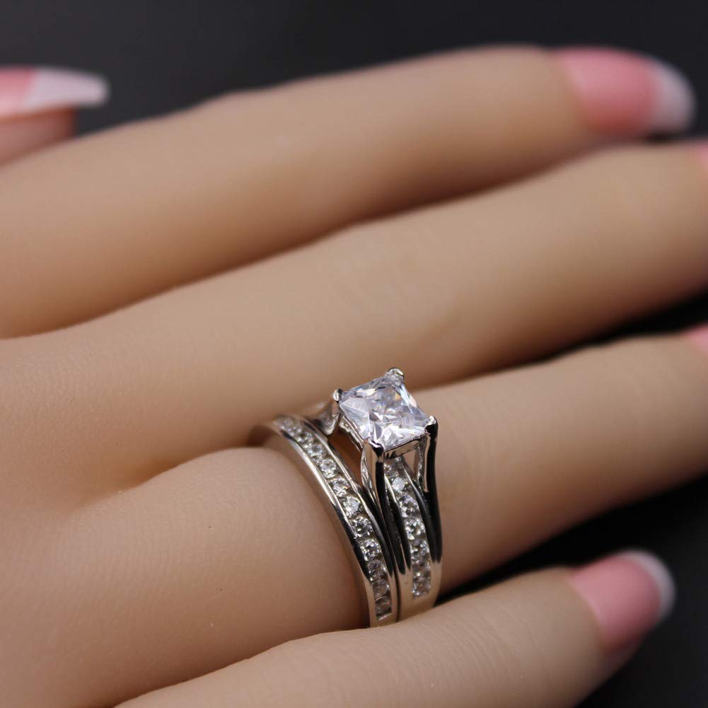 MABELLA His and Hers 3Pc Titanium Matching Band Pretty Women Princess Cut 925 Sterling Silver Wedding Ring Set Women's Size 10 Men's Size 9