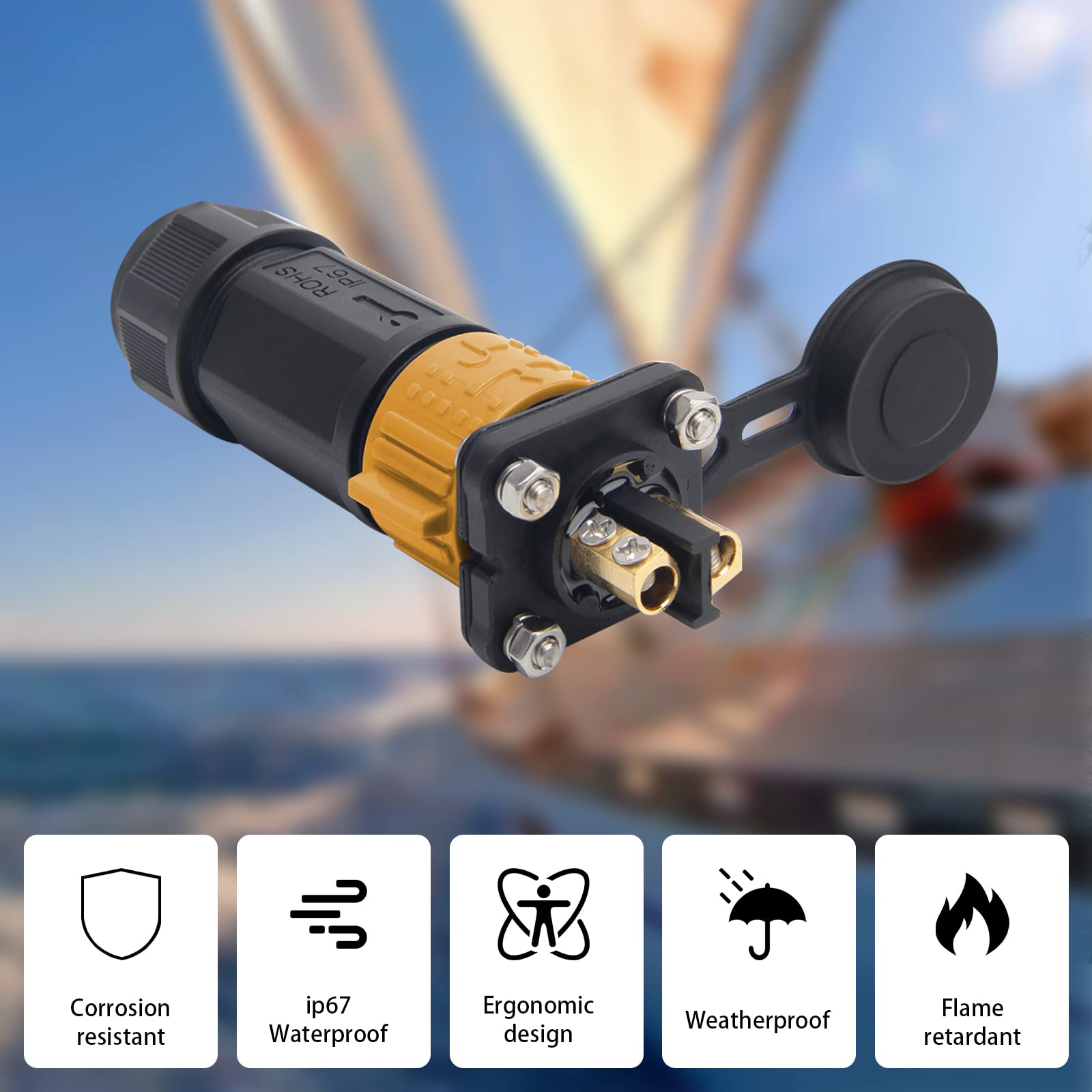 Trolling Motor Plug and Receptacle Set, Waterproof Self Lock Marine Boat Power Connector, 12V/24V/ 36V/48V Plug for Trolling Motor/Down Rigger/Fishing Reel (Yellow)