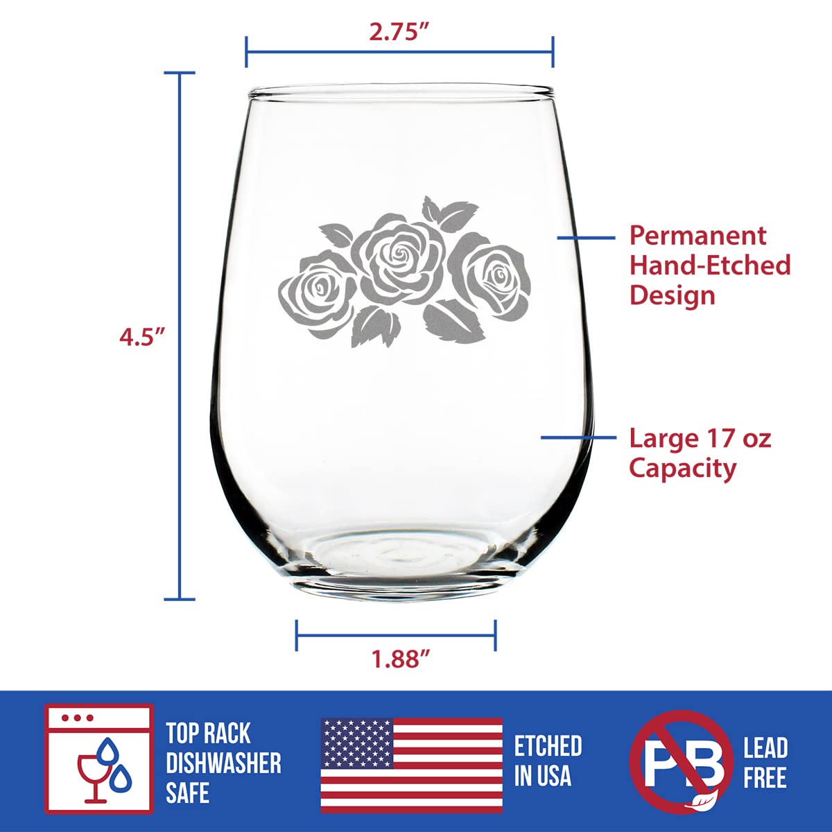 Roses Stemless Wine Glass - Floral Themed Decor and Gifts for Flower Lovers - Large 17 Oz Glasses