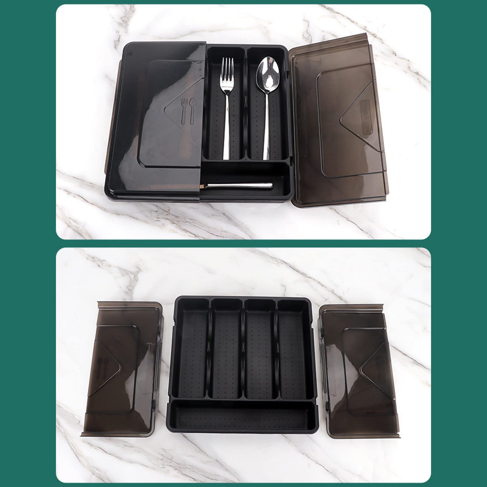 RNCOZE Utensil Holder for Countertop with Lid, 5 Compartments Flatware Organizer, Portable Flip Cover Silverware Organizer Storage Case, Plastic Silverware Tray for Drawer Countertop