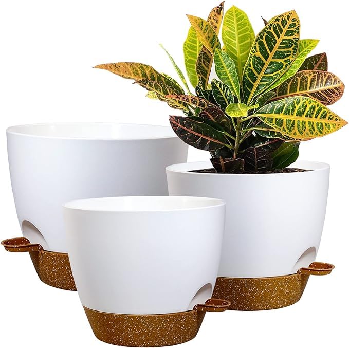 UOUZ 10/9/8 inch Self Watering Pots, Set of 3 Plastic Planters with Mesh Drainage Holes and Deep Reservoir for Indoor Outdoor Garden Plants and Flowers, White with Brown