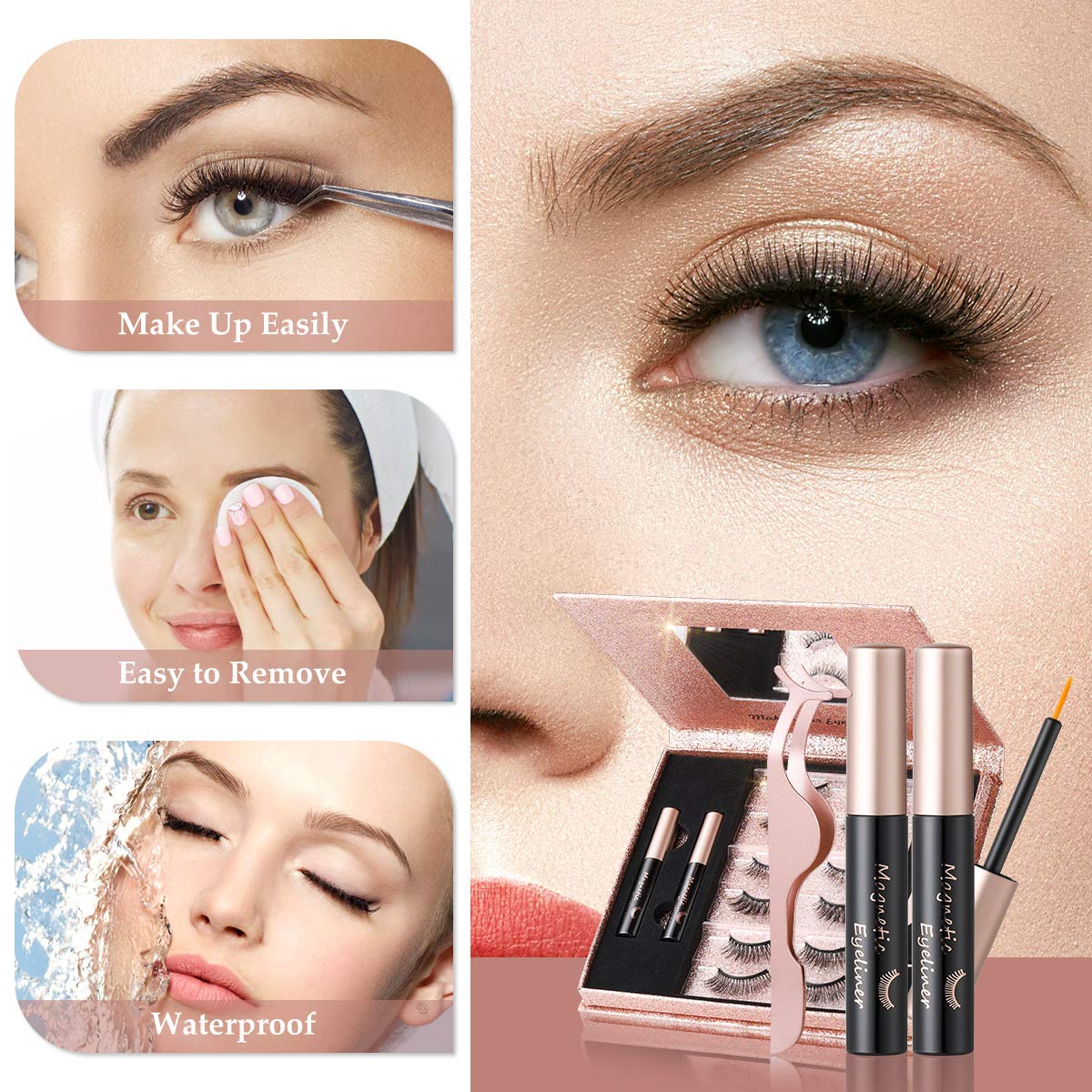 Magnetic Eyelashes with Eyeliner Kit, 6 Pairs 3D Natural Look Reusable False Magnetic Eyelashes, 2 Tubes Long Lasting Magnetic Eyeliner 10mL, Mirror Box with Professional Tweezers - No Glue Needed