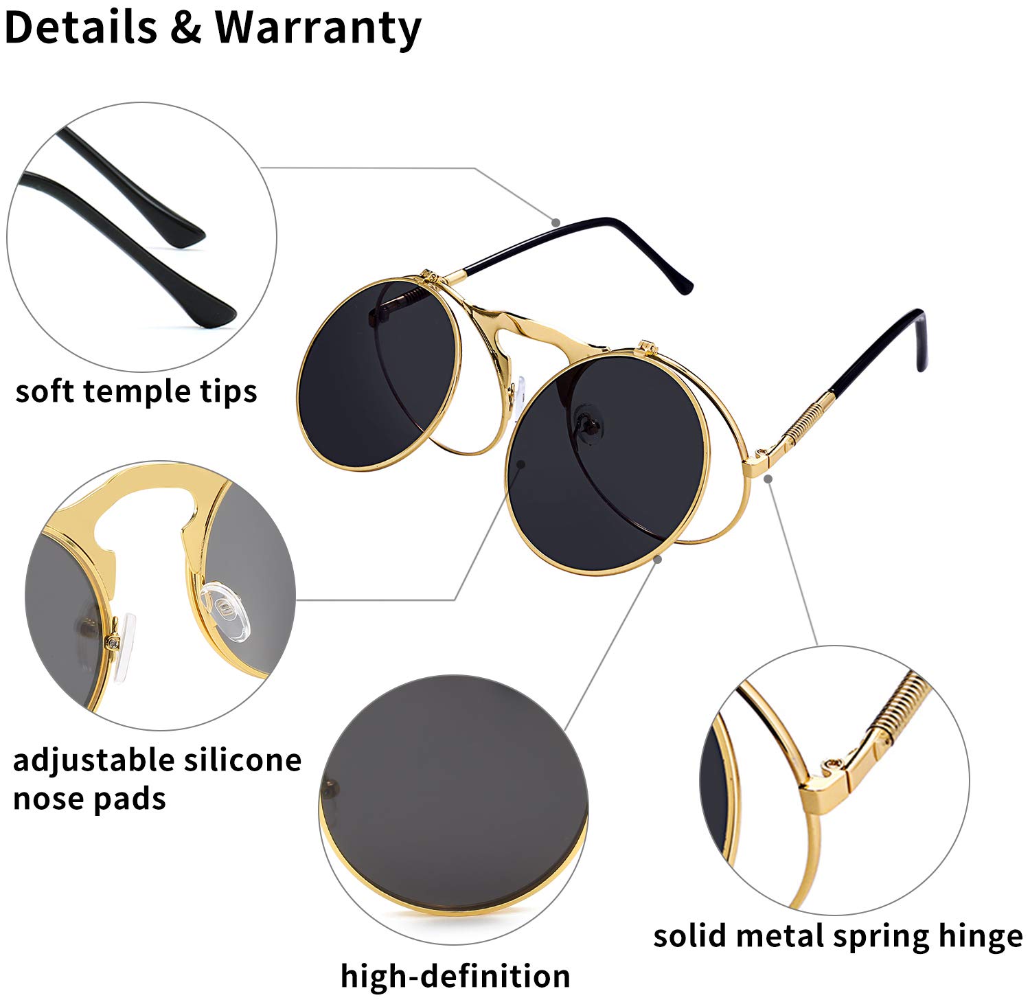 luojery Retro Round 80's Flip Up Steampunk Sunglasses Mirror Vintage Circle Sun Glasses Eyewear for Men Women (Gold Frame Grey Lens, as the picture)