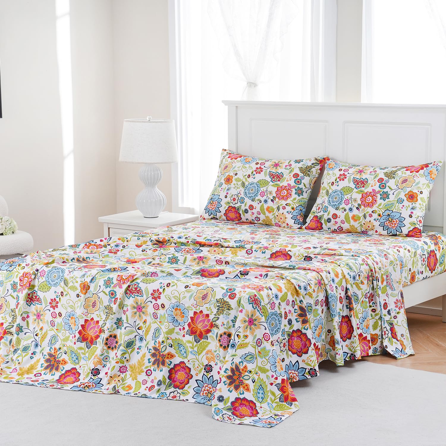 MEISHANG Full Size Sheet Set - Ultra Soft Brushed Microfiber Floral Printed Bed Sheet Set - Deep Pocket Up to 16" - Wrinkle Free - 4 Pieces (Full, Spring Flower)