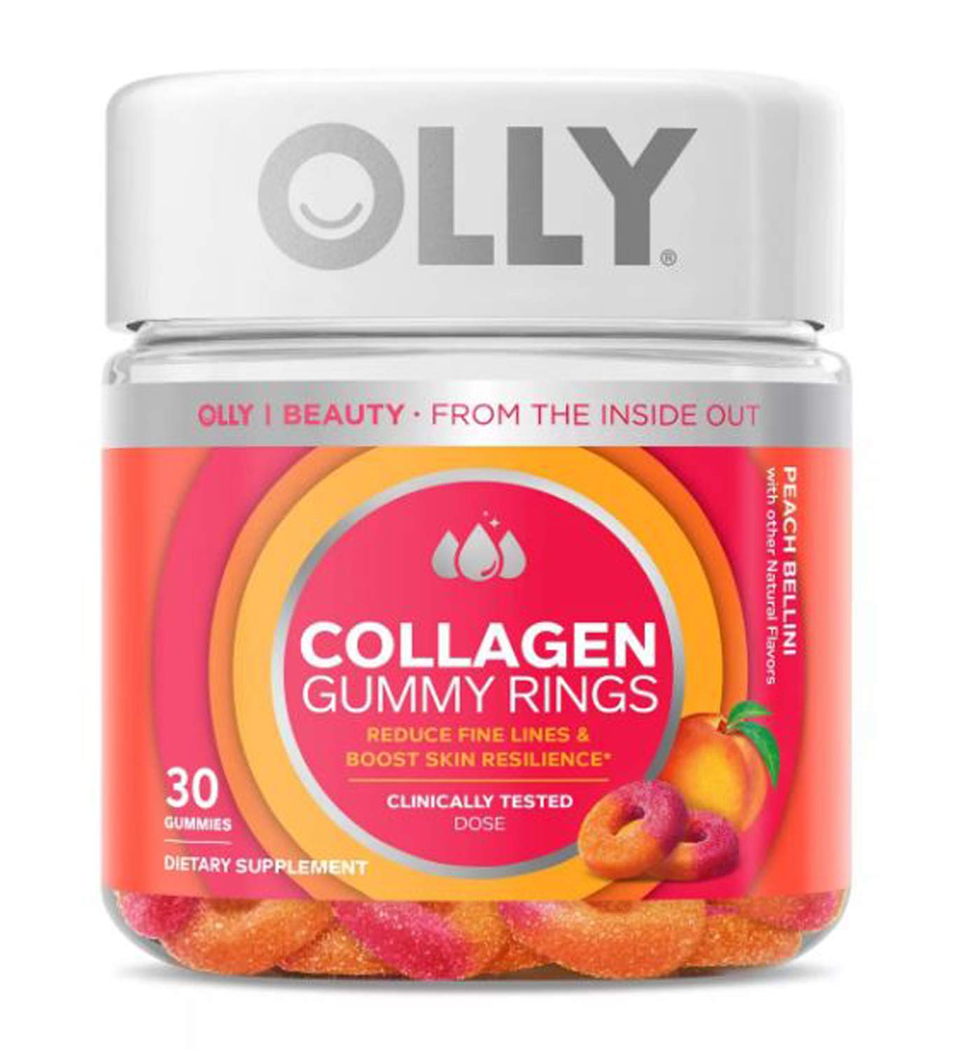 OLLY Collagen Gummy Rings! 30 Gummies Peach Peach Bellini Flavor! Formulated with Bioactive Collagen Peptides! Reduce Fine Lines and Boost Skin Resilience! Choose Your Pack! (2 Pack)