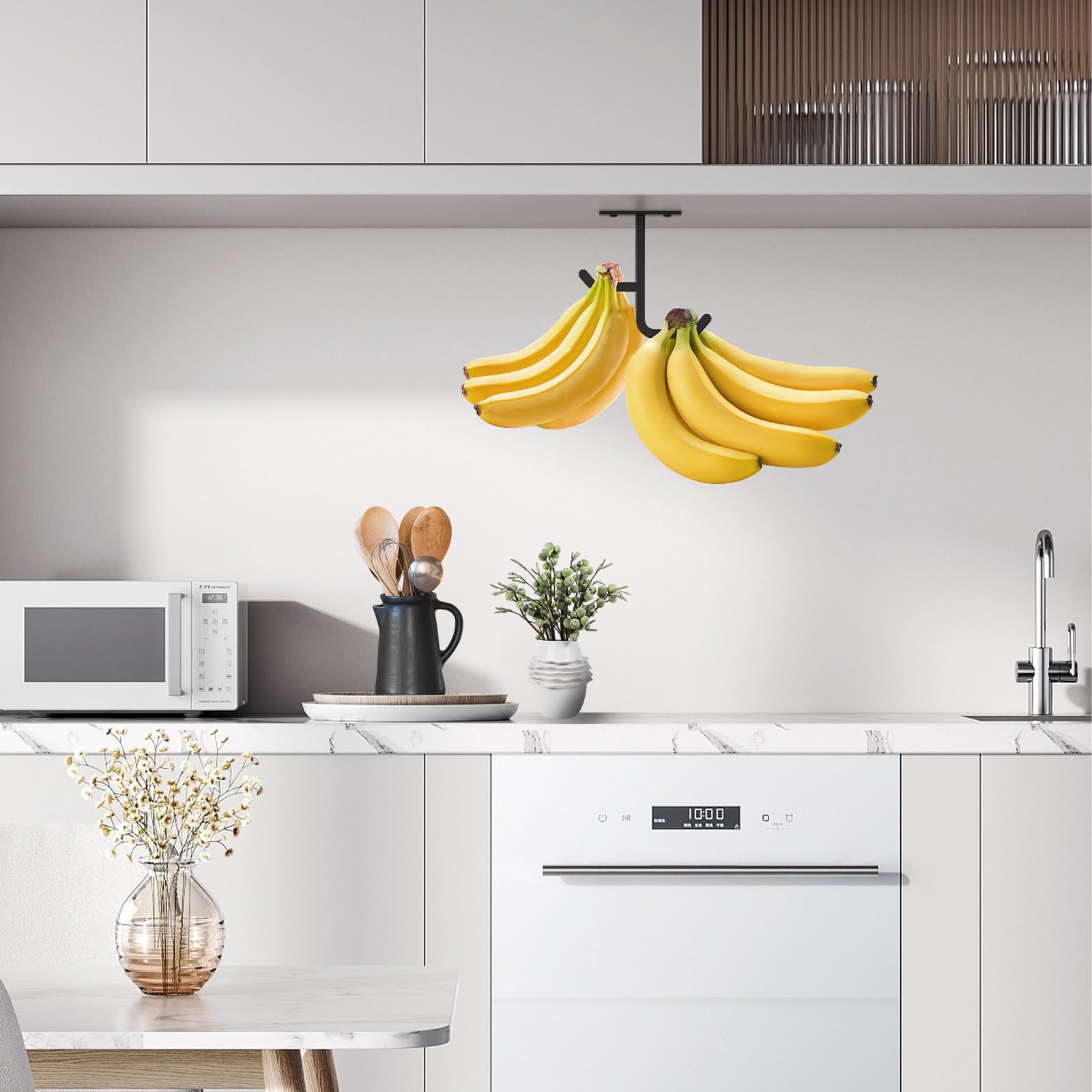 YTAIMITOP Banana Hook Under Cabinet, Banana Hanger to Keep Bananas Fresh, Metal Banana Holder Hook Under Cabinet, Space Saving, Screw-Mounted Black